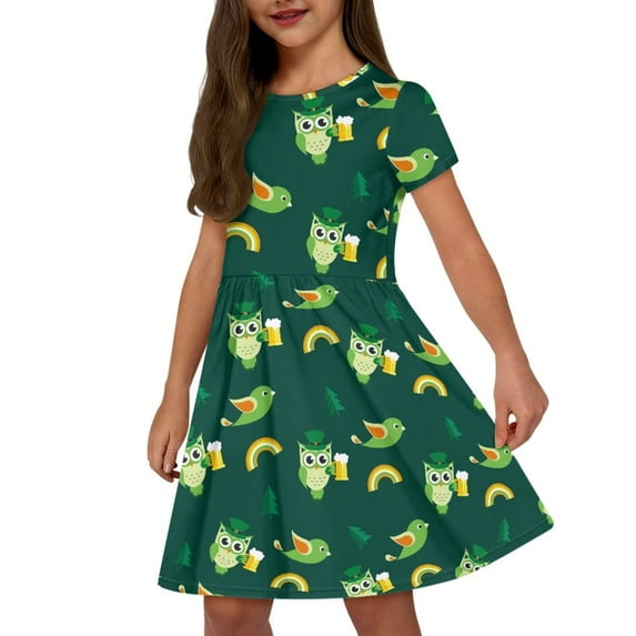 Uourmeti Owl Print Short Sleeve Dresses for Girls 5-6 St. Patrick's Day ...