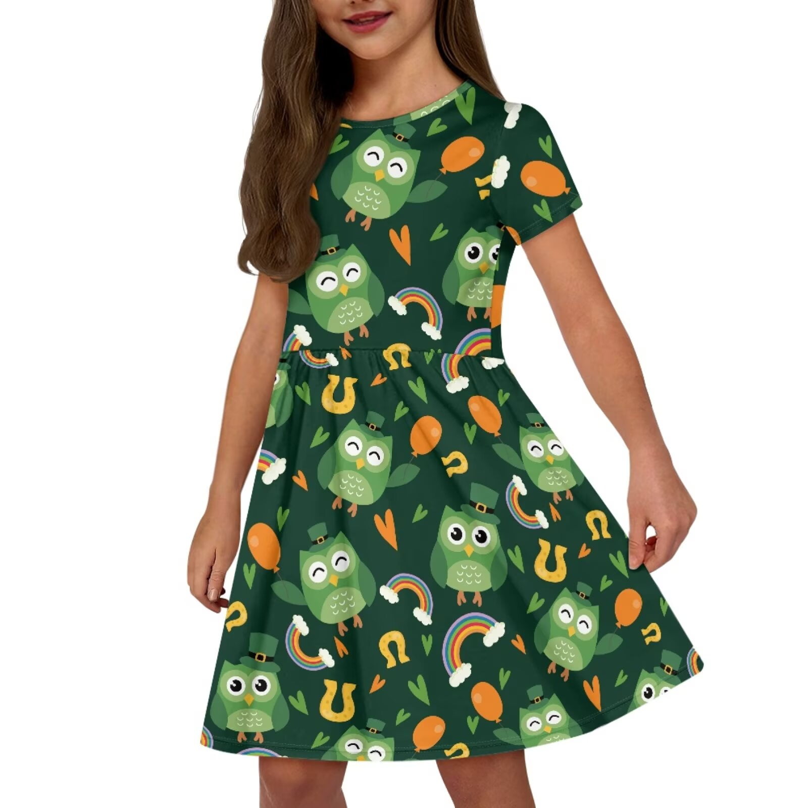 Uourmeti Owl Short Sleeve Swing Dresses for Girls St. Patrick's Day ...