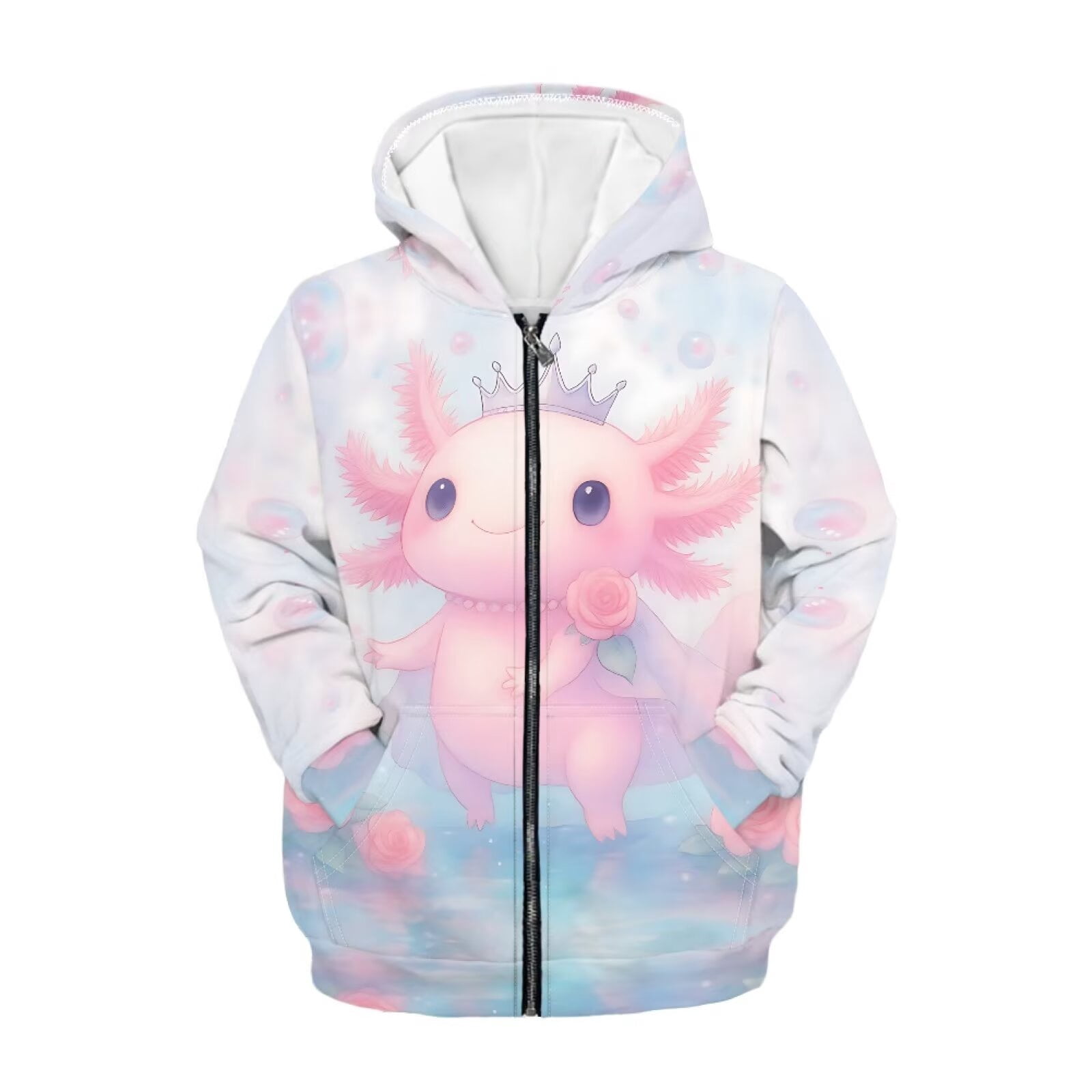 Uourmeti Pink Rose Cartoon Axolotl Kids Sporty Jacket Zip Up Hooded ...
