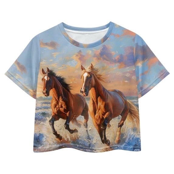Uourmeti Sunset Horse Kids Crop Tops Summer Short Crew Neck T-Shirt ...