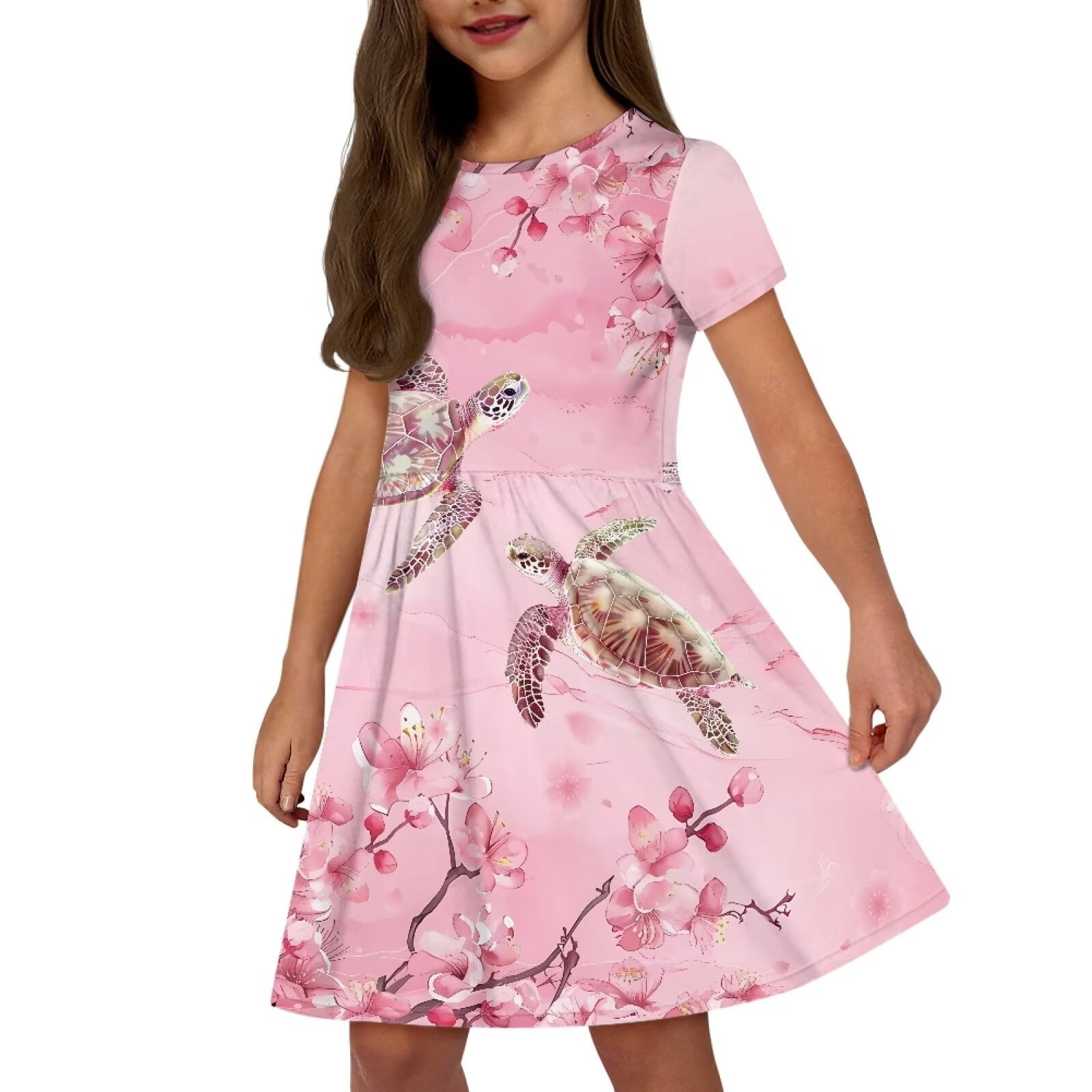 Uourmeti Turtle Short Sleeve Swing Dress 2-14Y Girls Summer Crew Neck ...