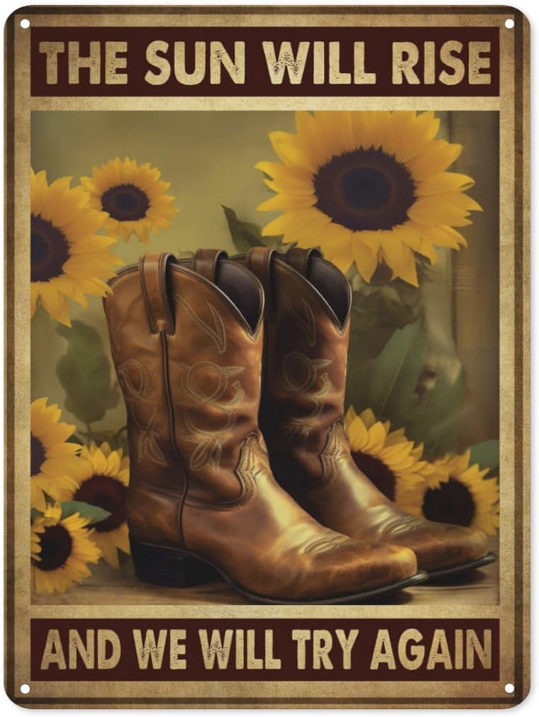 Uoyeqt Garden Flower Retro Metal Tin Sign Sunflowers And Cowboy Boots ...