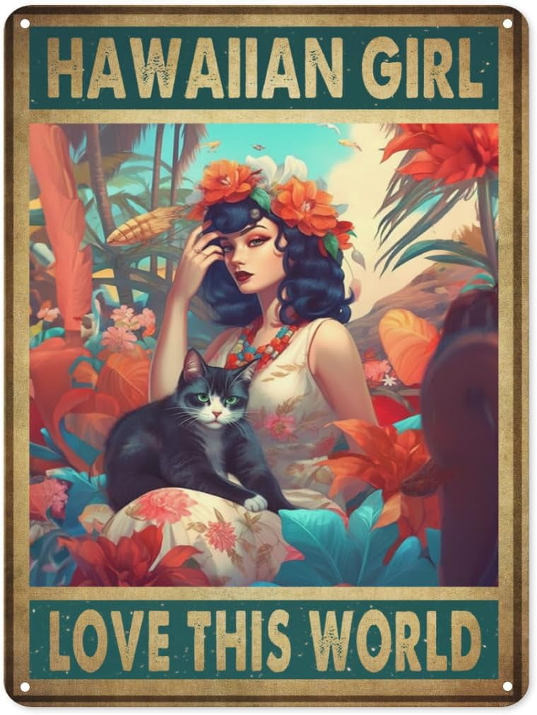 Uoyeqt Retro Pinup Girls Metal Tin Sign Hawaiian Girl Love This World ...