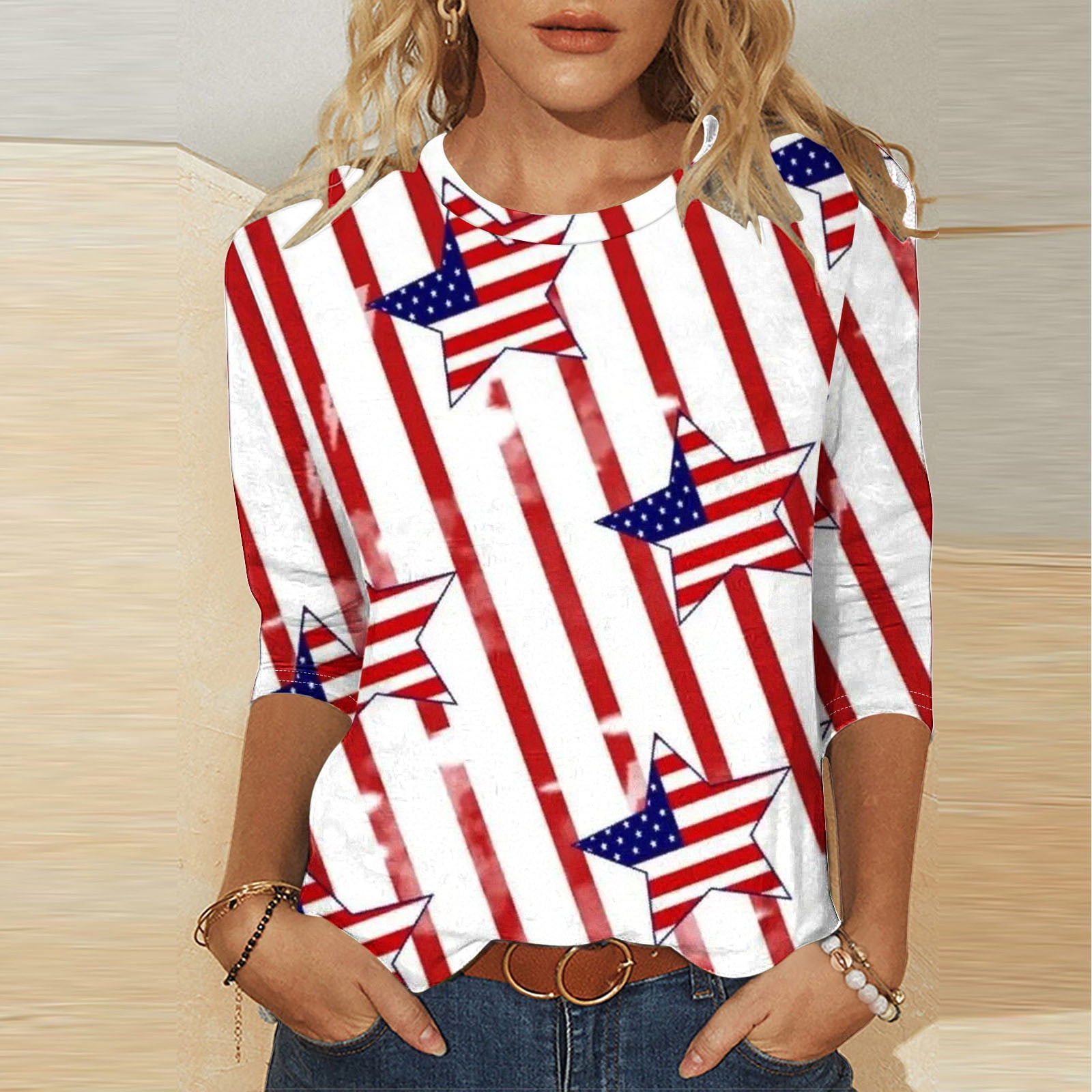 Up To 50 Off Ganfancp Independence Day Workout Women Tops 3 4 Sleeve