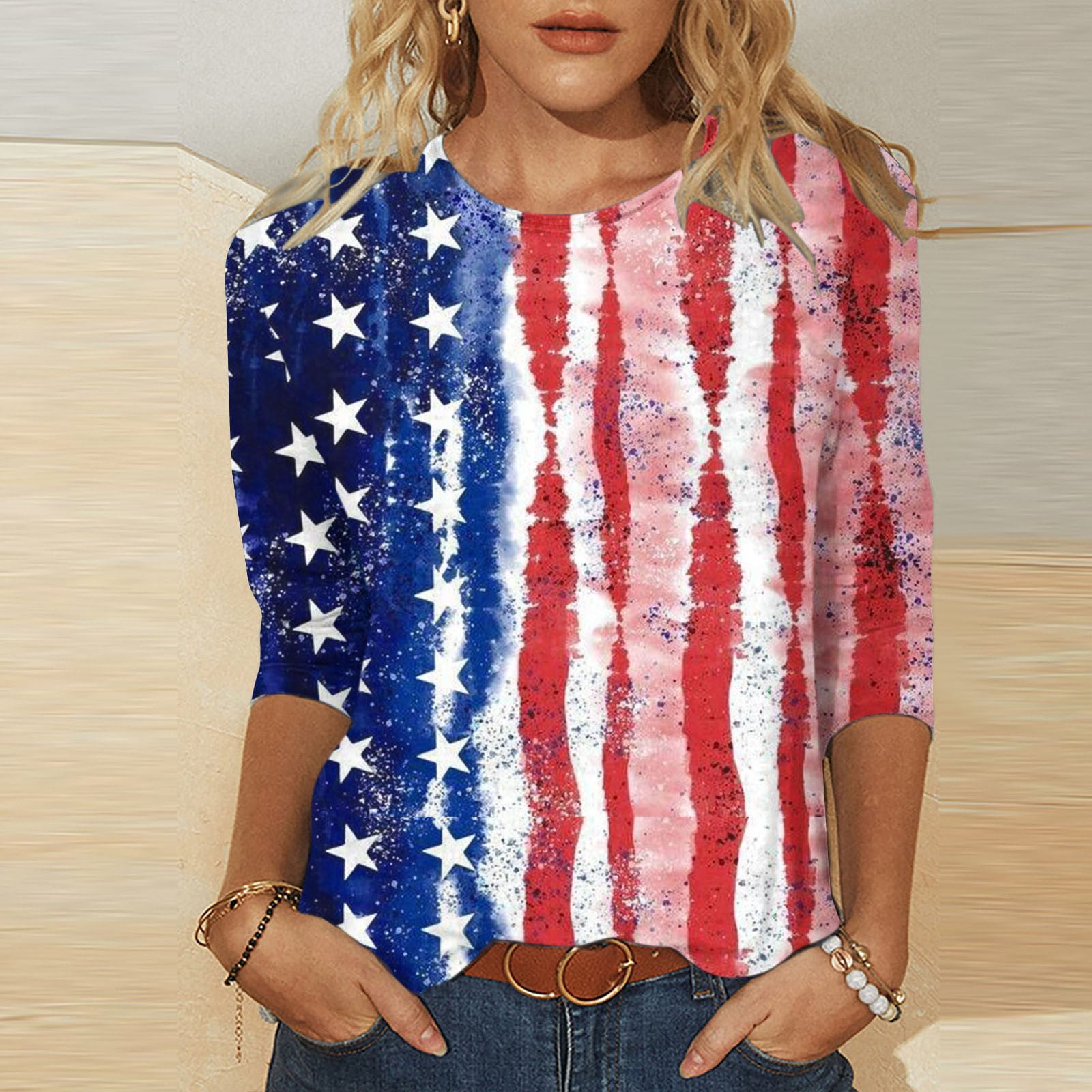 Up To 65 Off Ganfancp Independence Day Workout Women Tops 3 4 Sleeve