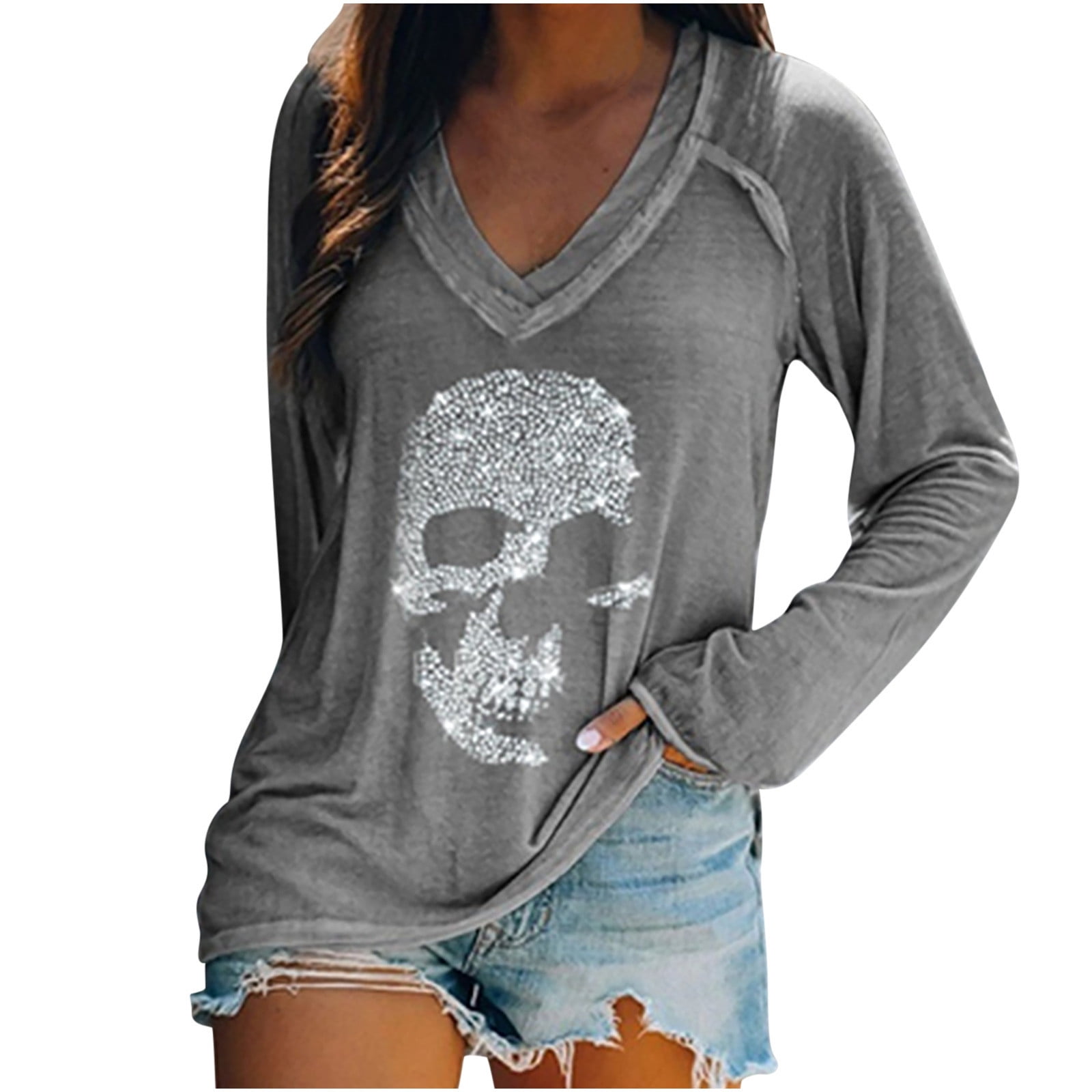 Up To 60% Off yoeyez Halloween Shirts for women 2024 Long Sleeve Oversized Sweaters Skeleton ...