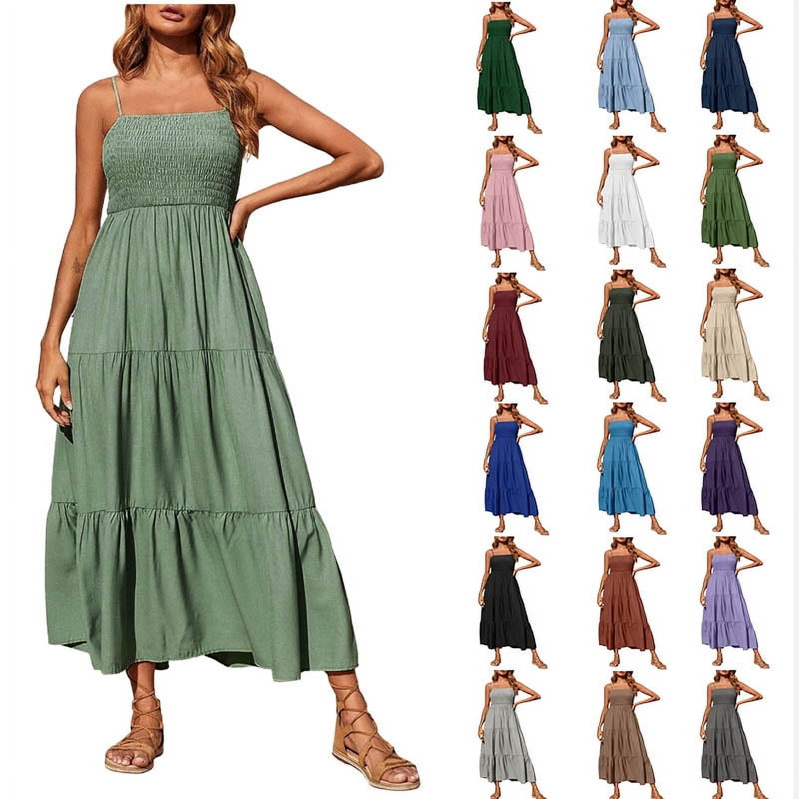 Women's Summer Dress Bohemian Spaghetti Strap Smocked Tiered Long Beach Sun Dresses Sleeveless ...
