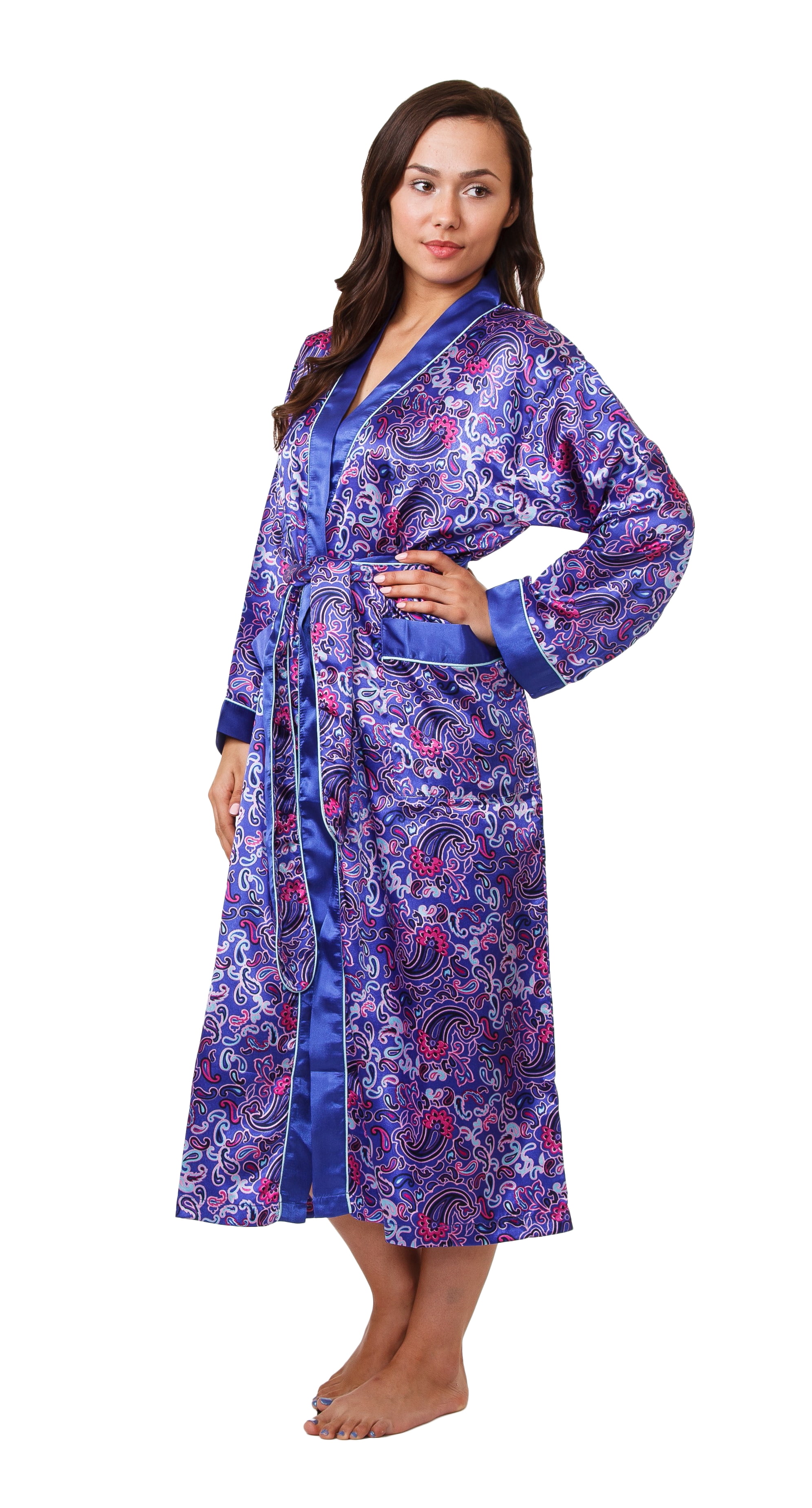 Up2date Fashion Women's Paisley Print Satin Robes in Blue Paisley Print ...