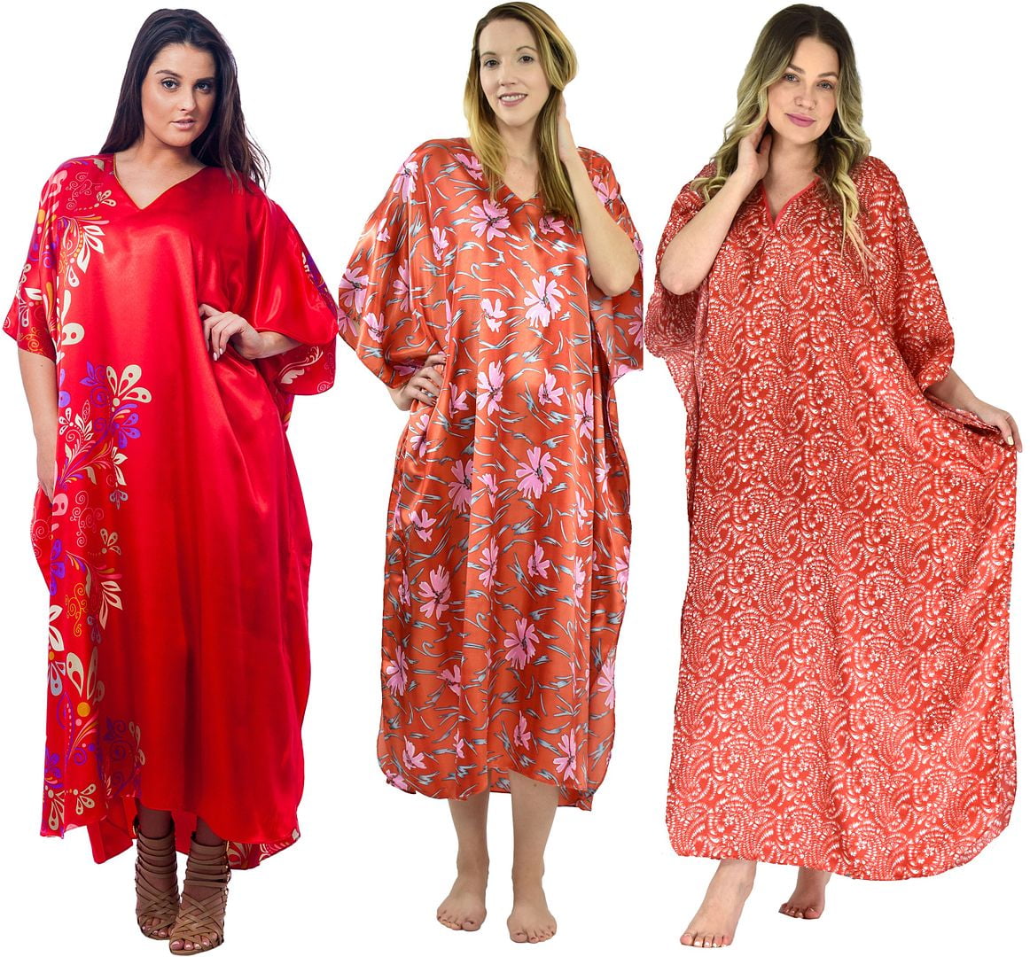 Up2date Fashion's Three Women's Red-Print Satin Caftans / Kaftans Value ...