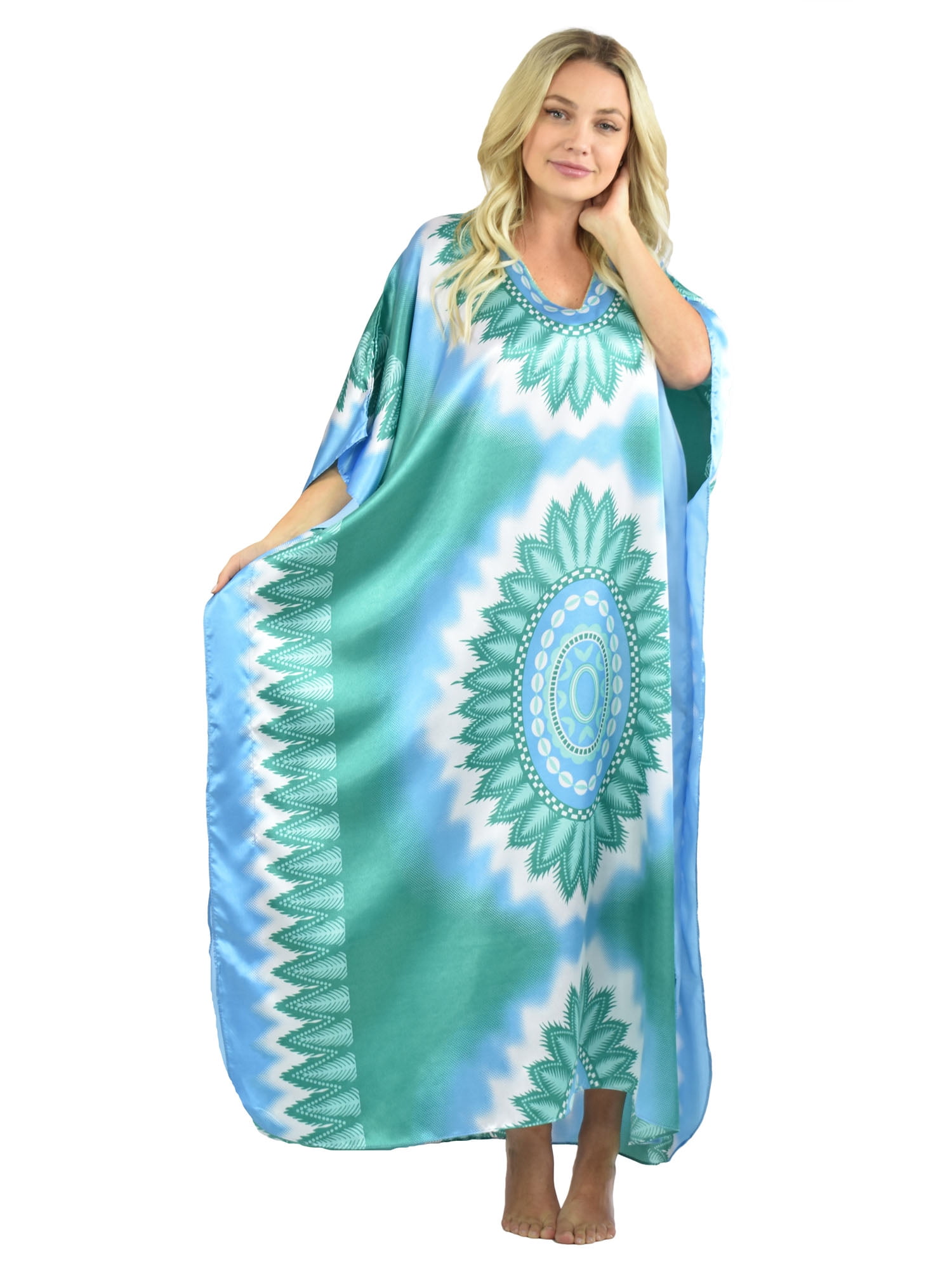 Up2date Fashion's Women's Silk Satin Long Caftan, Aquatic Mandala ...