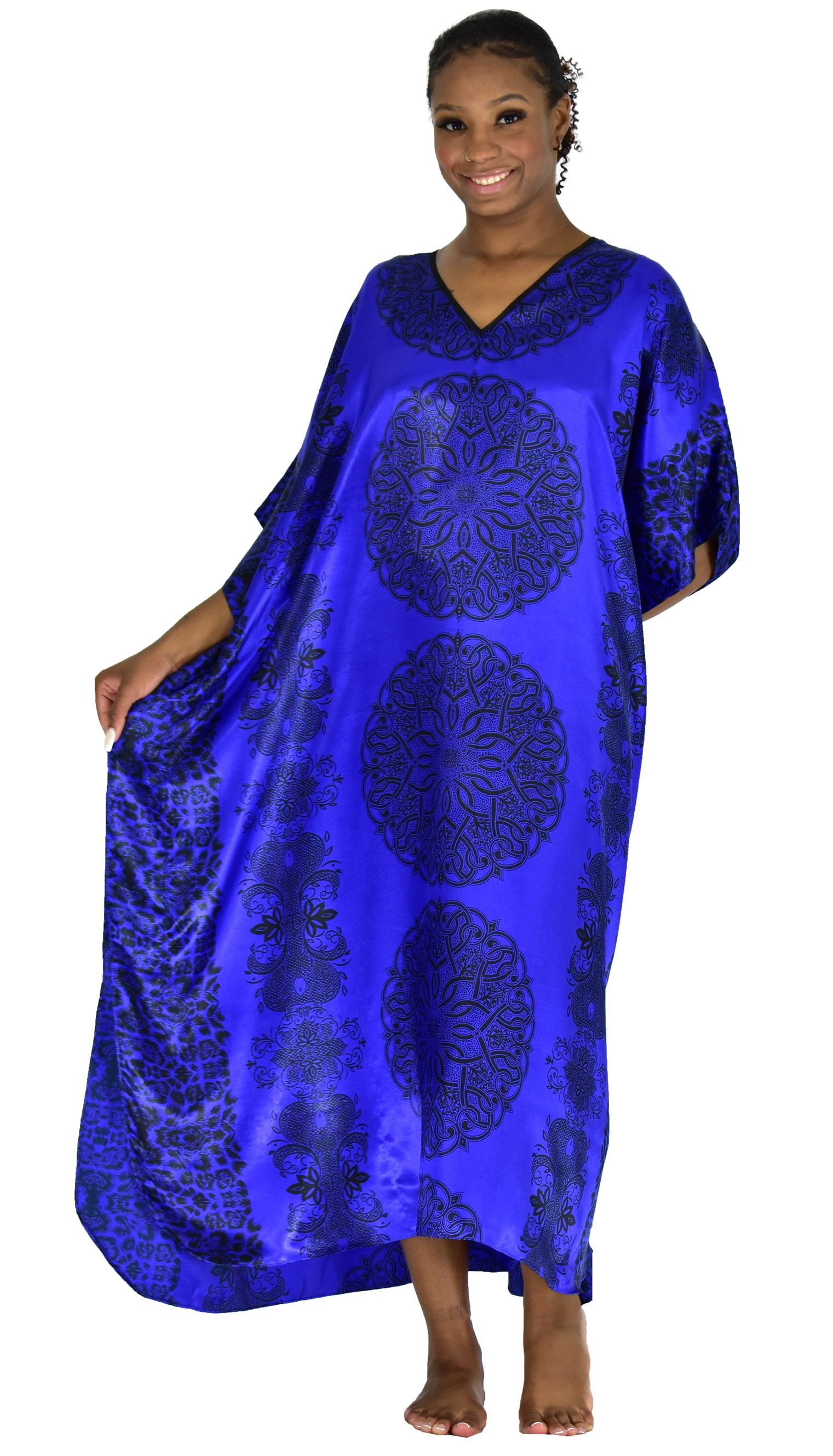 Up2date Fashion's Women's Silk Satin Long Dress Caftan, Blue Mandala ...