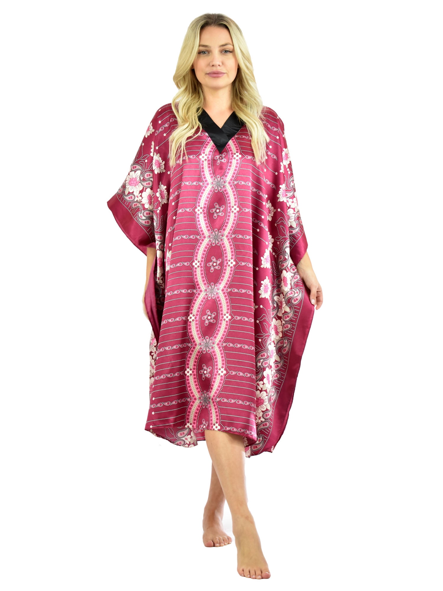 Up2date Fashion's Women's Short Silk Satin Caftan, Cherry Blossom Print ...