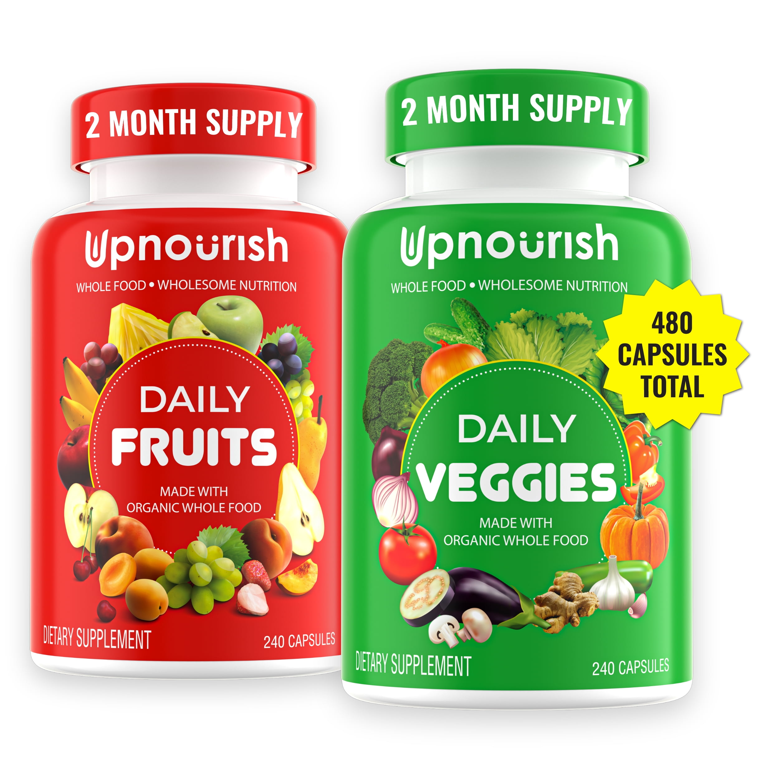 upnourish Organic Fruit and Veggie Pills, 480 Vegan Capsules ...