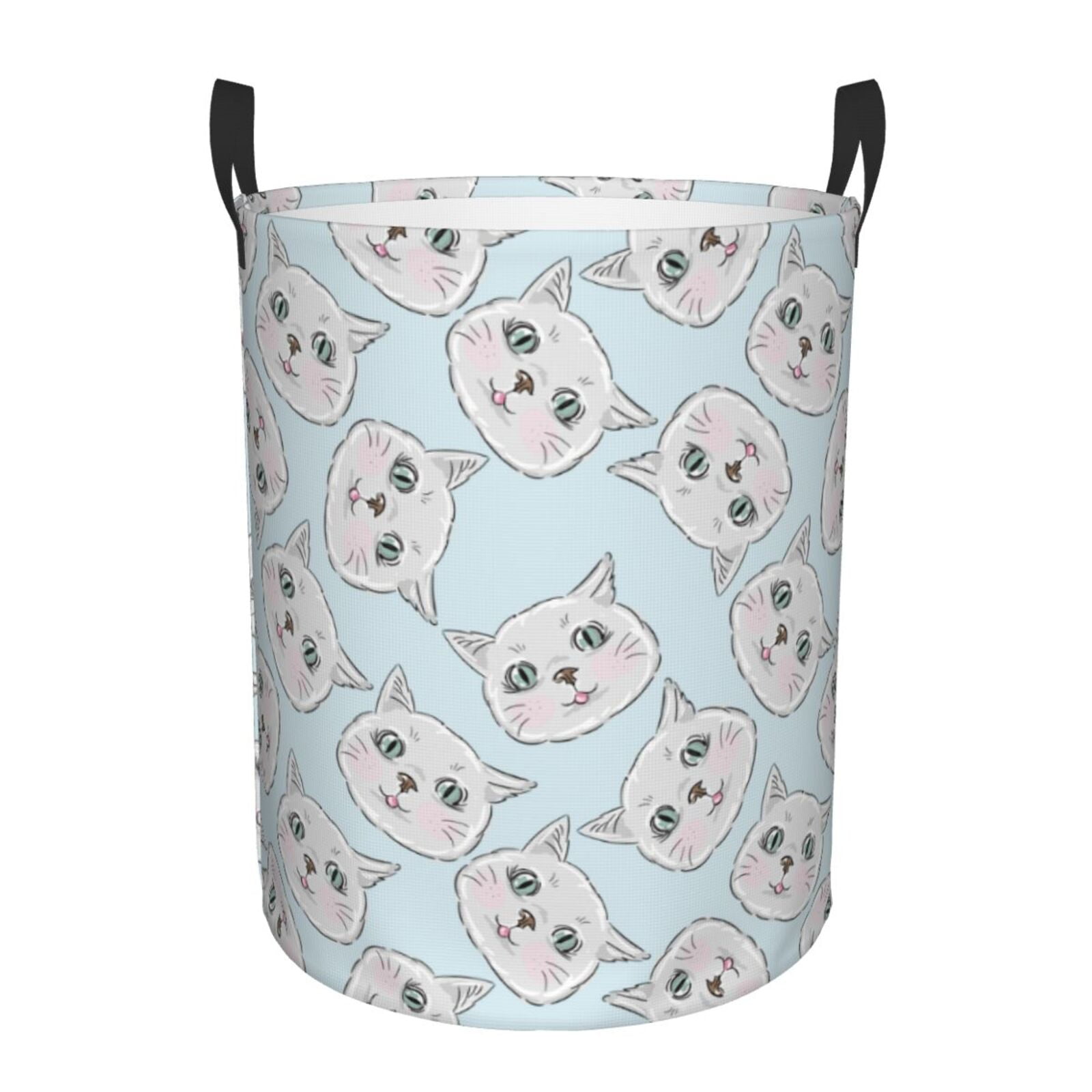 Upbeat Cute Cat Face Round Laundry Basket, Laundry Hamper with Handle ...