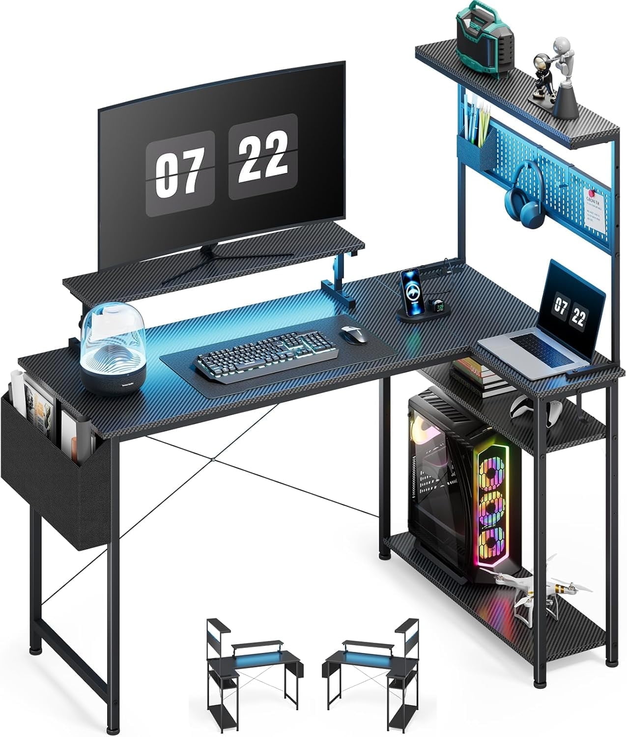 Upgo 42" L Shaped Gaming Desk with Adjustable Monitor Stand, Power ...