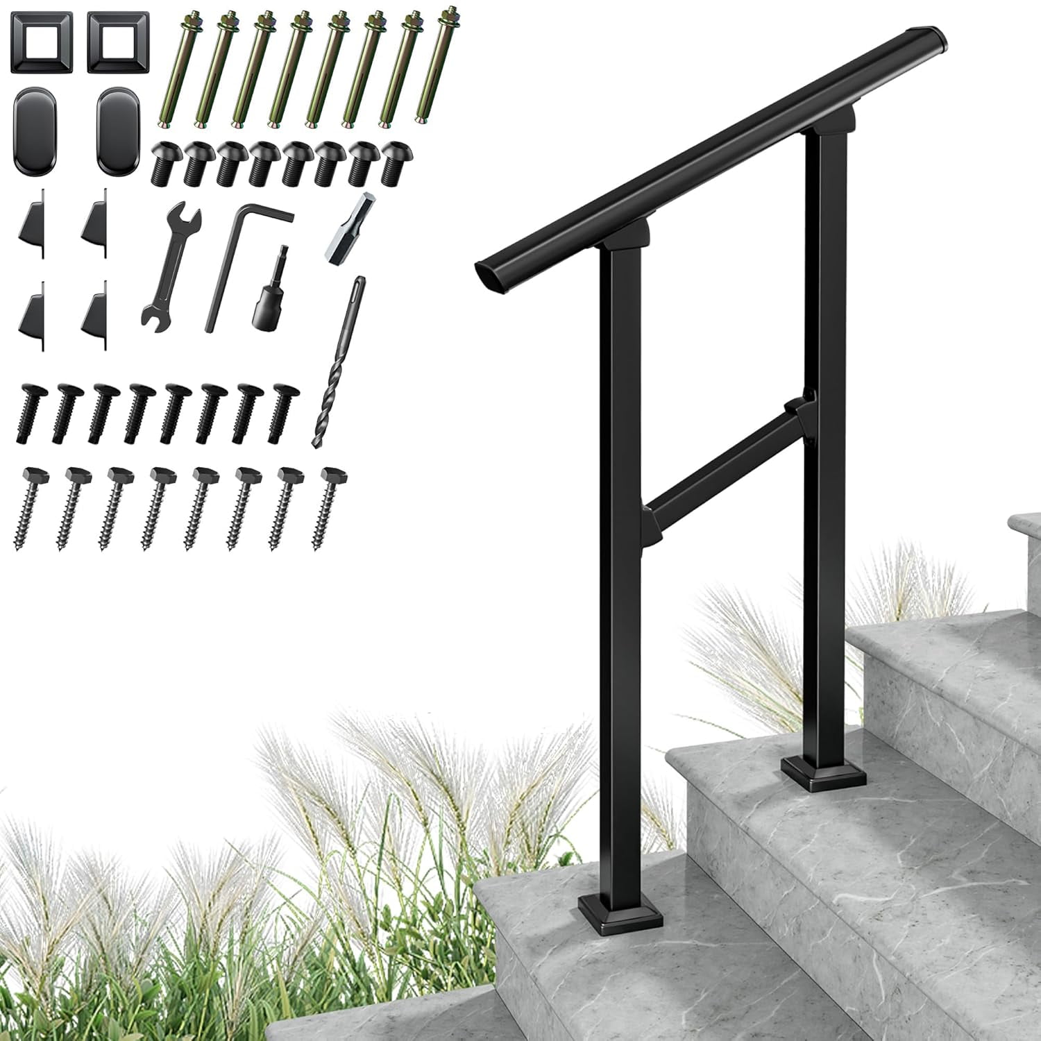Upgrade 2 Steps Outdoor Handrail for Outdoor Steps, Black Transitional ...