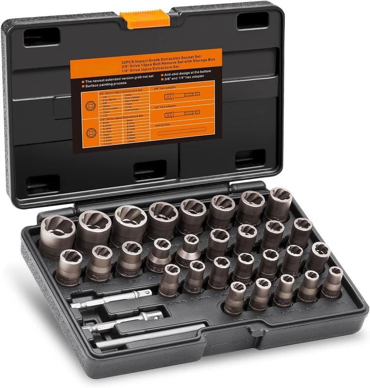 Upgrade 32-Piece Bolt Extractor Set, Impact Nut Remover for Damaged ...