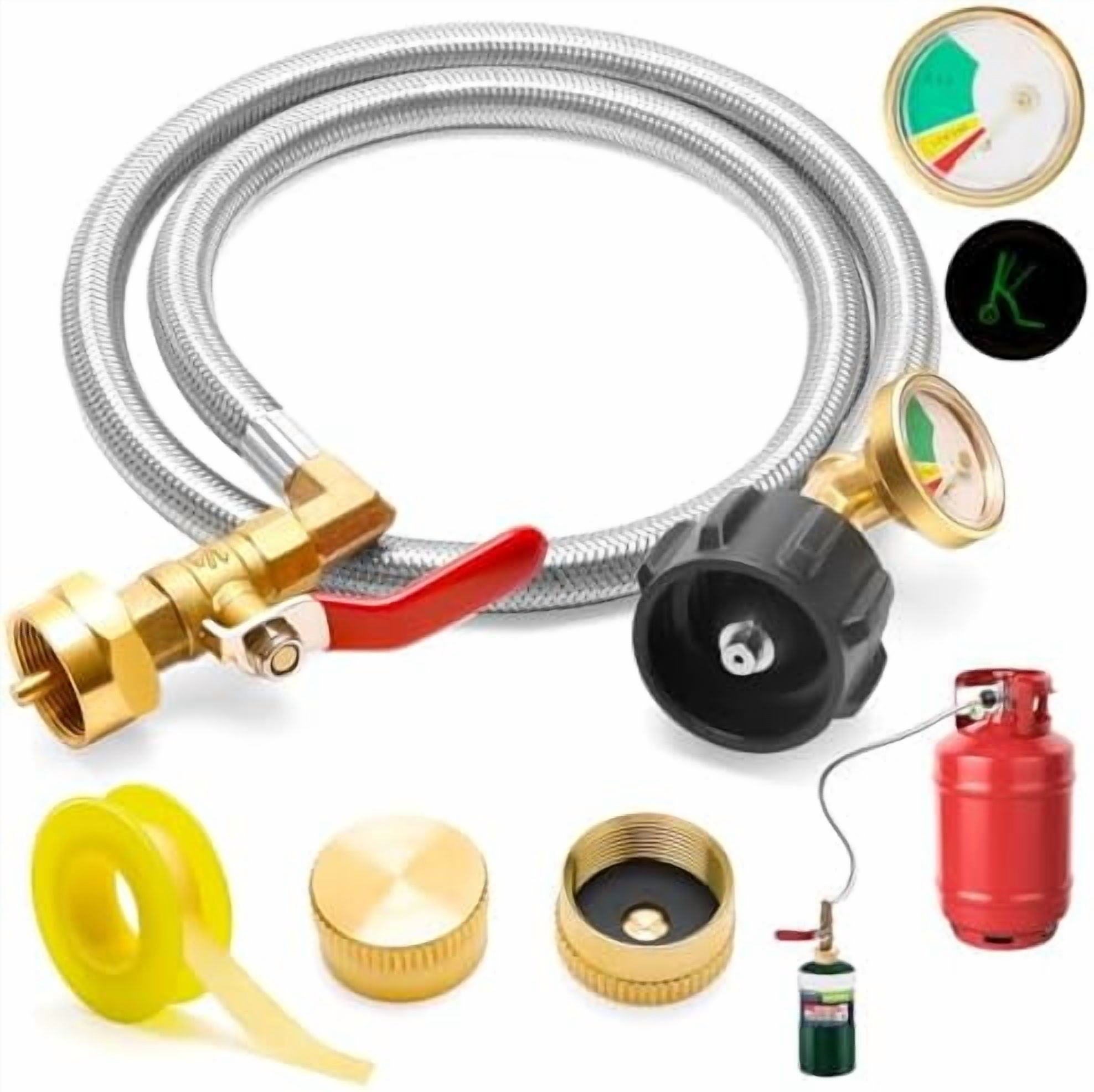 Upgrade 4FT/48" Propane Tank Refill Adapter Hose with Gauge and ON/Off Control Valve, Propane ...