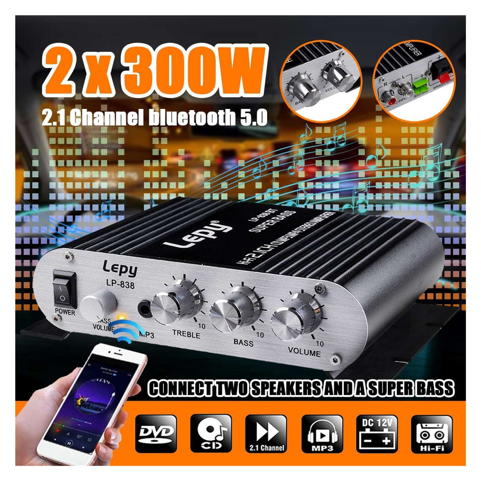 Upgrade 600W Bluetooth Power Amplifier 2.1 Channel Hi-Fi Stereo ...