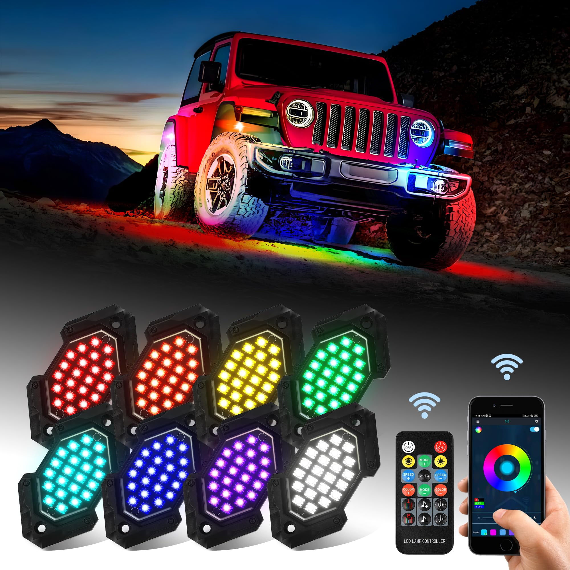 Upgrade 8 Pods RGB Rock Lights Kit - Multicolor Neon Underglow LED Pod Lights with Bluetooth App ...