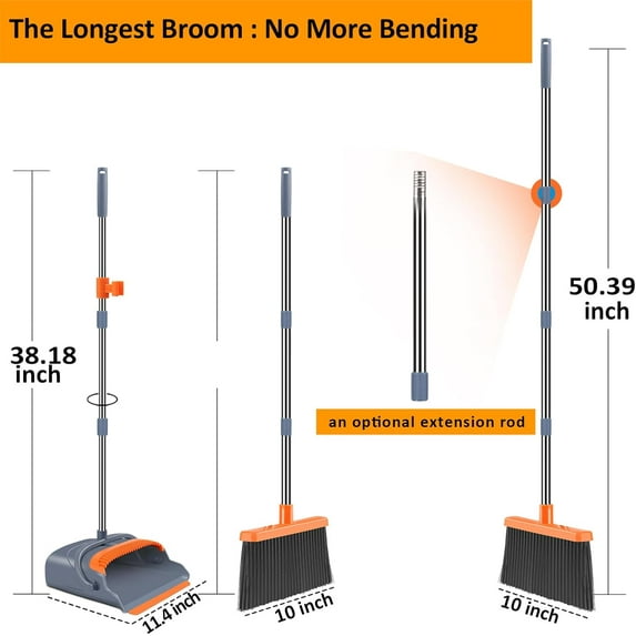 Upgrade Broom and Dustpan Set, Self-Cleaning with Dustpan Teeth, Indoor ...