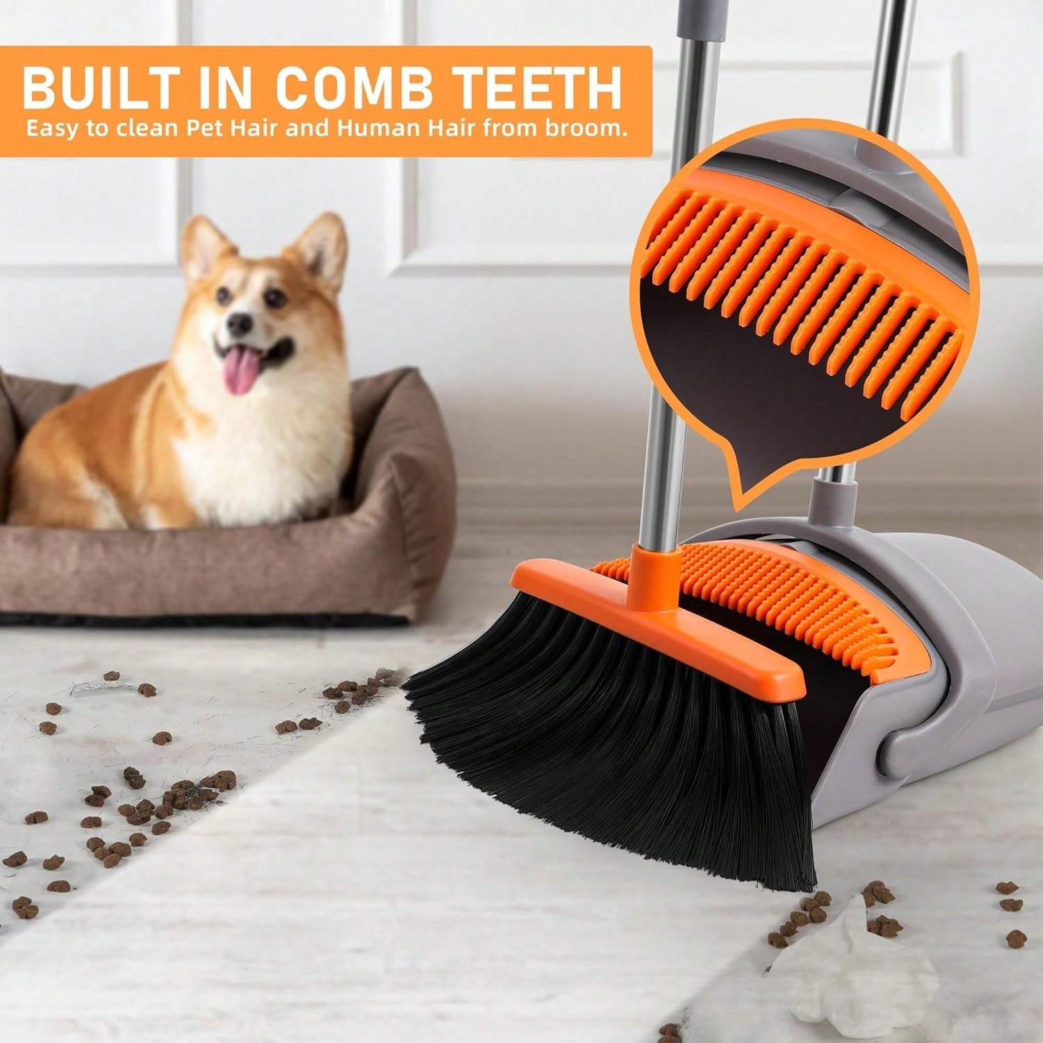 Upgrade Broom And Dustpan Set, Self-Cleaning With Dustpan Teeth, Indoor ...