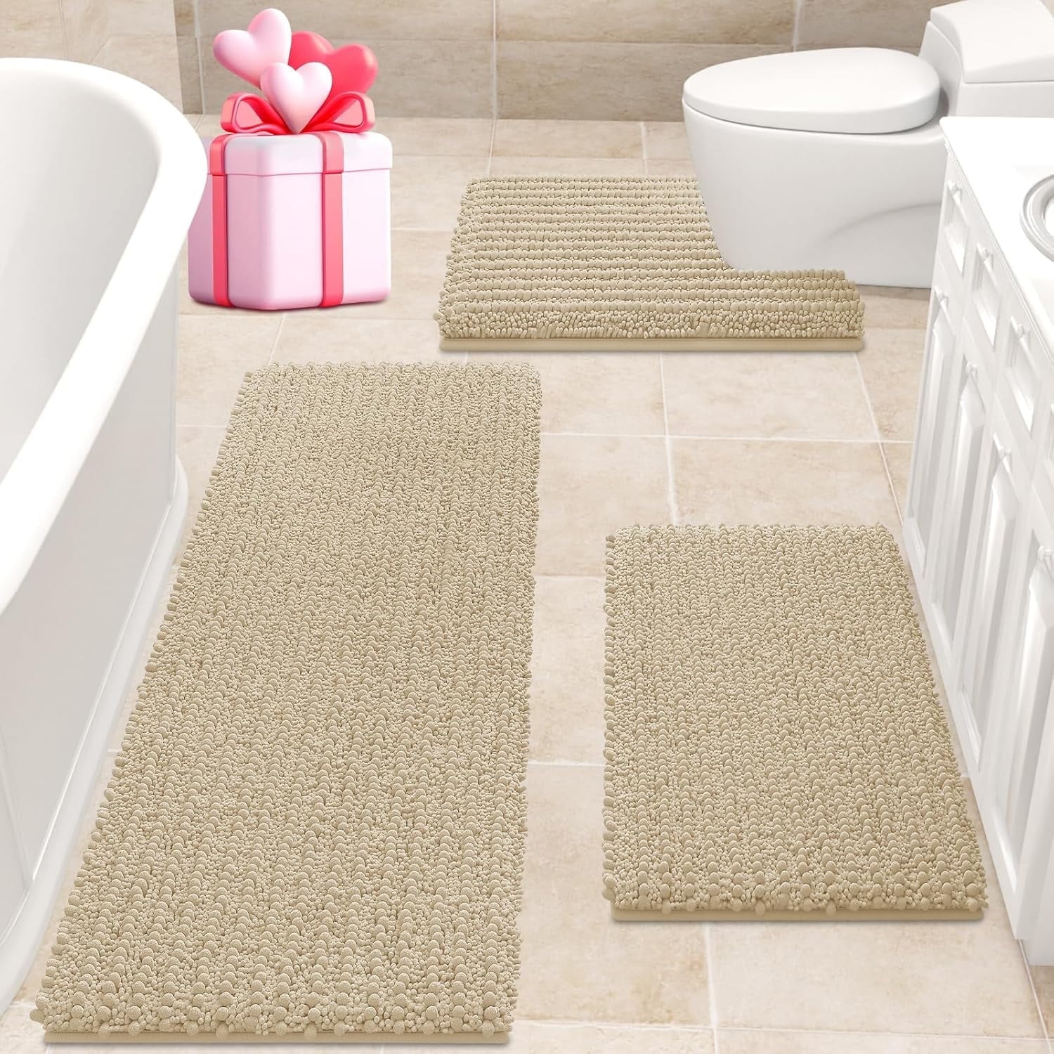 Upgrade Extra Large Beige Bathroom Rug Set 3 Pieces Ultra Soft, Thick Absorbent Bath Mats, Non ...