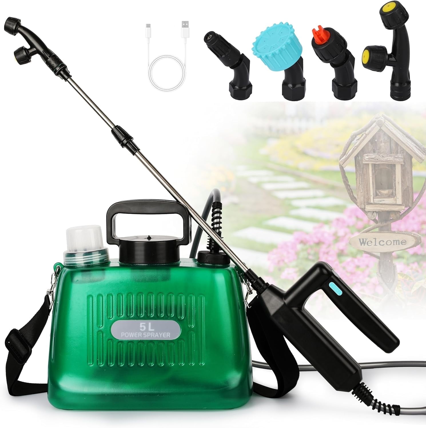 Upgrade Powerful Electric Garden Sprayer with 4 Mist Nozzles, 1.35 Gal ...