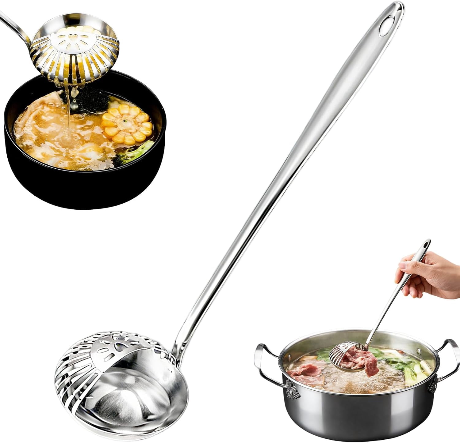 Upgrade Stainless Steel Strainer Ladle, 2 in 1 Soup Strainer Separates ...