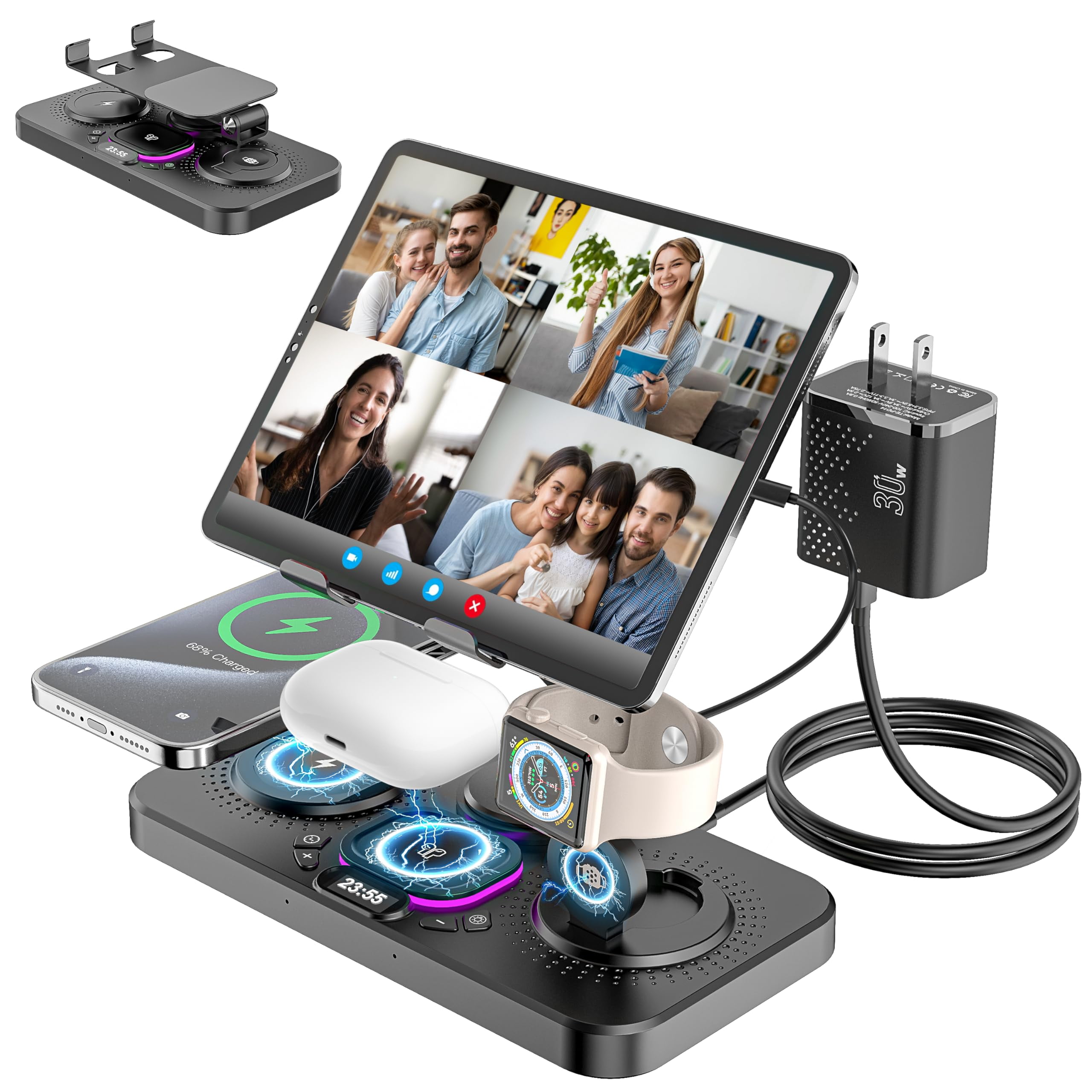 Upgrade Wireless Charging Station with Clock & 7 Color Ambient Light ...