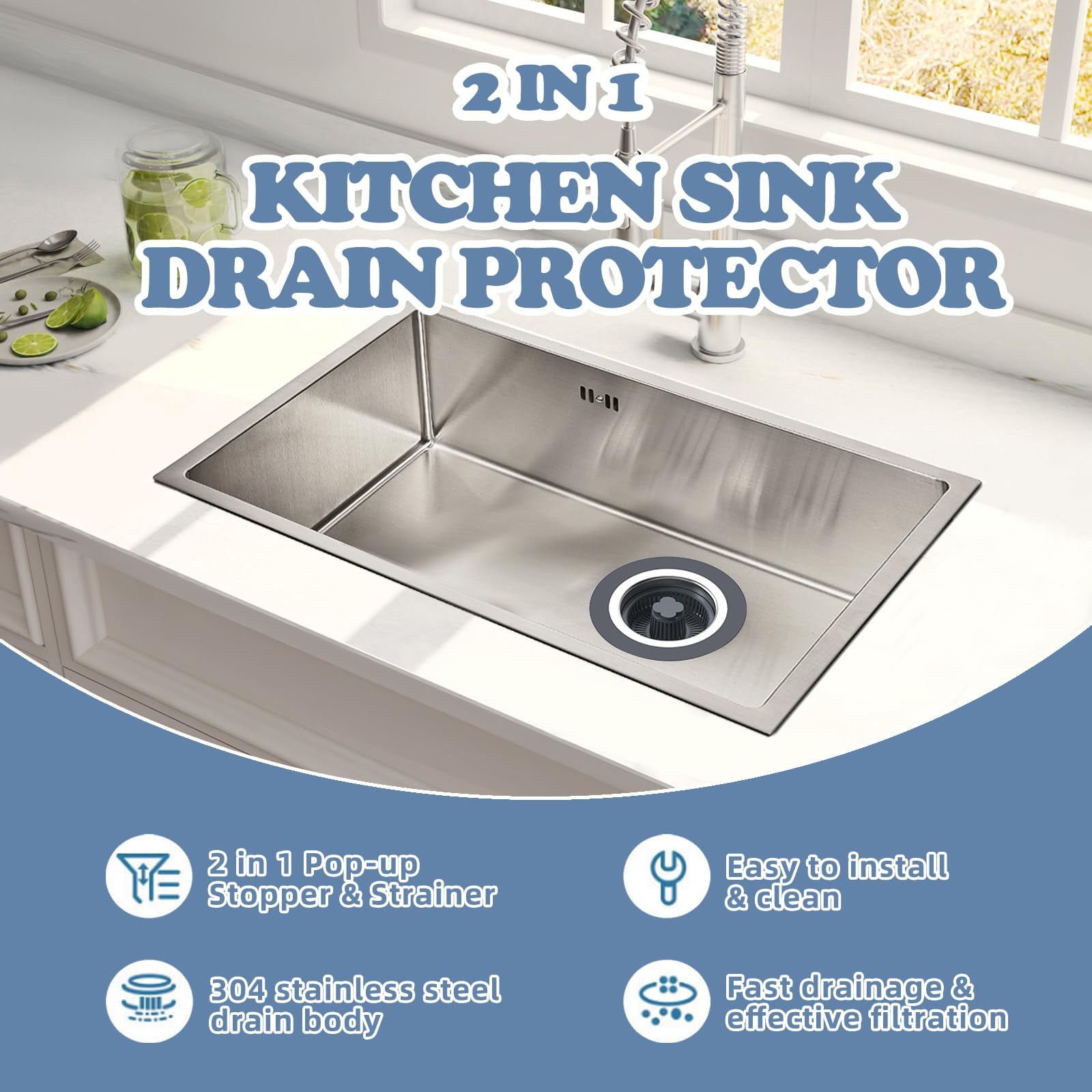 Upgraded 2 in 1 Kitchen Sink Drain Strainer & Stopper Kit, 304 ...