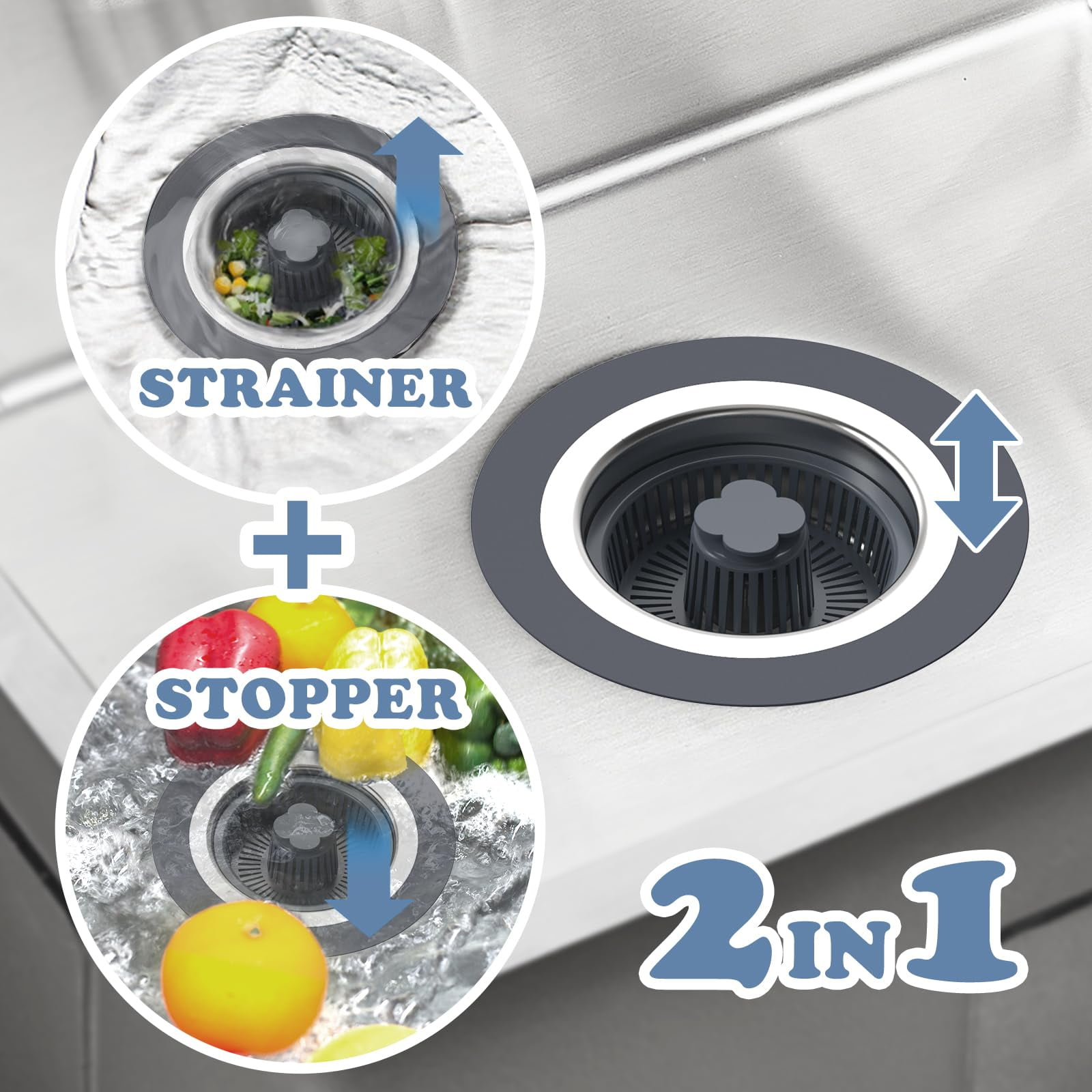 Upgraded 2 in 1 Kitchen Sink Drain Strainer & Stopper Kit, 304 ...
