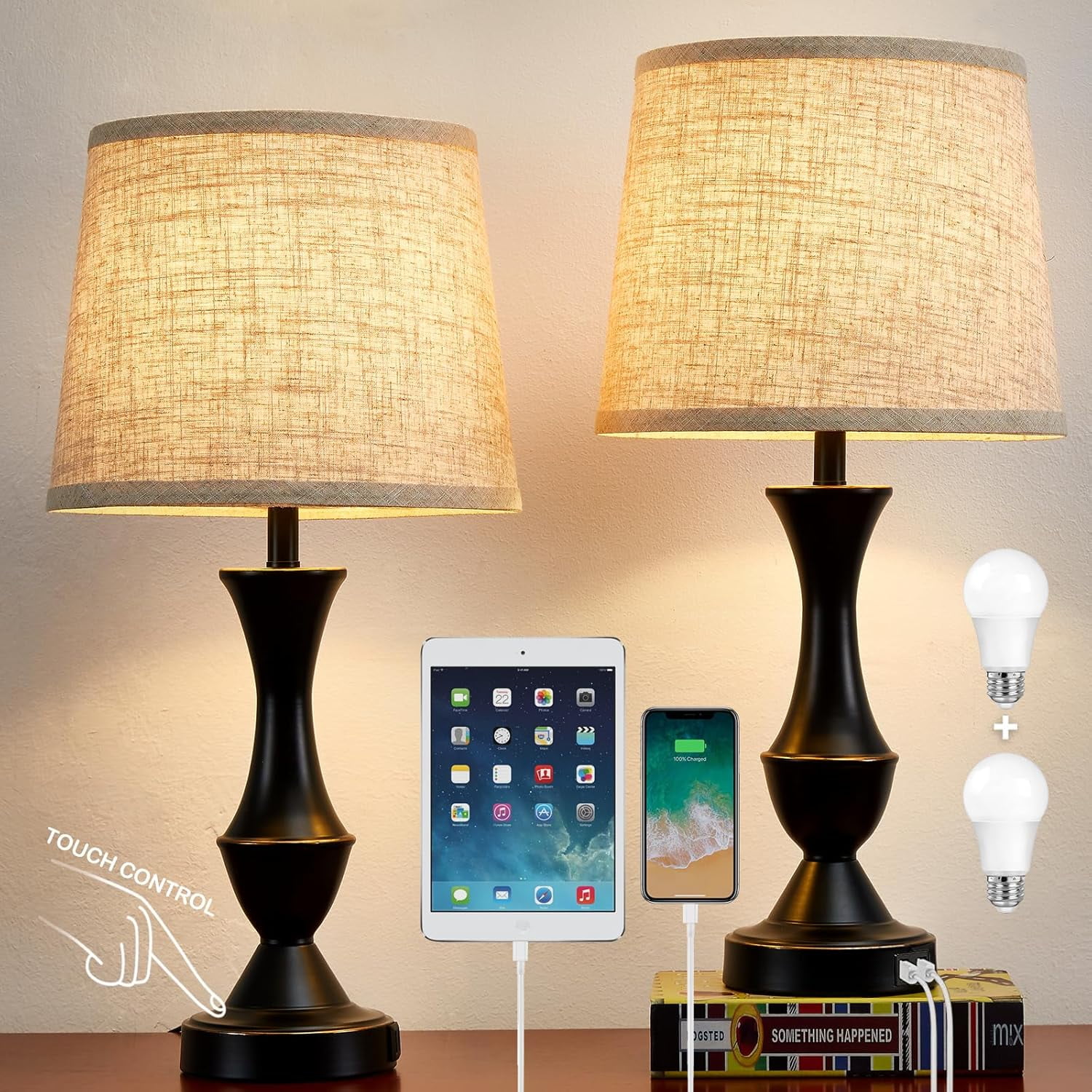 Upgraded 2-Pack Touch Table Lamps – 22" Tall Bedside Lamps with USB ...