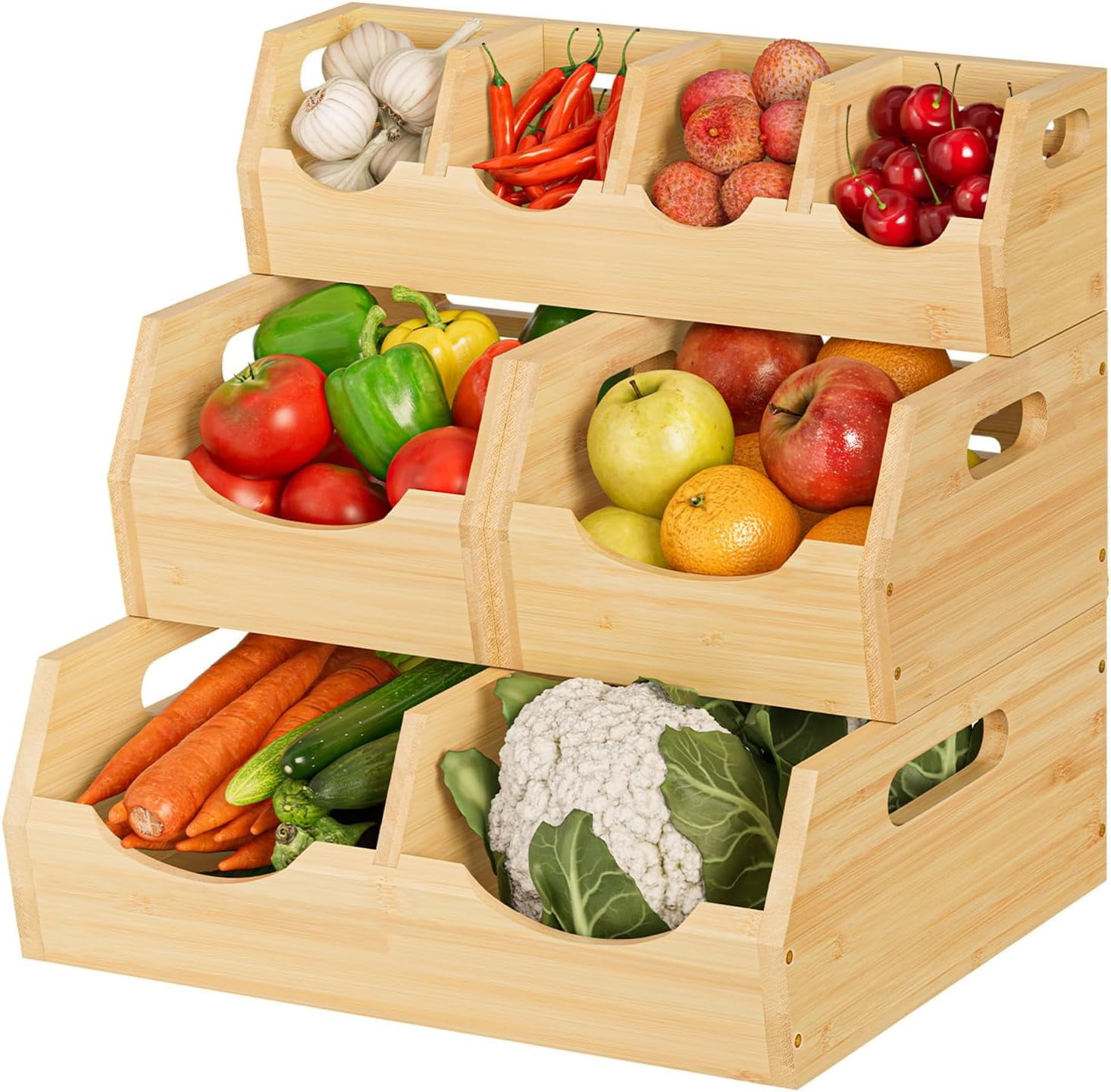 Upgraded 3 Tier Bamboo Pantry Storage Bins - Stackable Potato and Onion ...