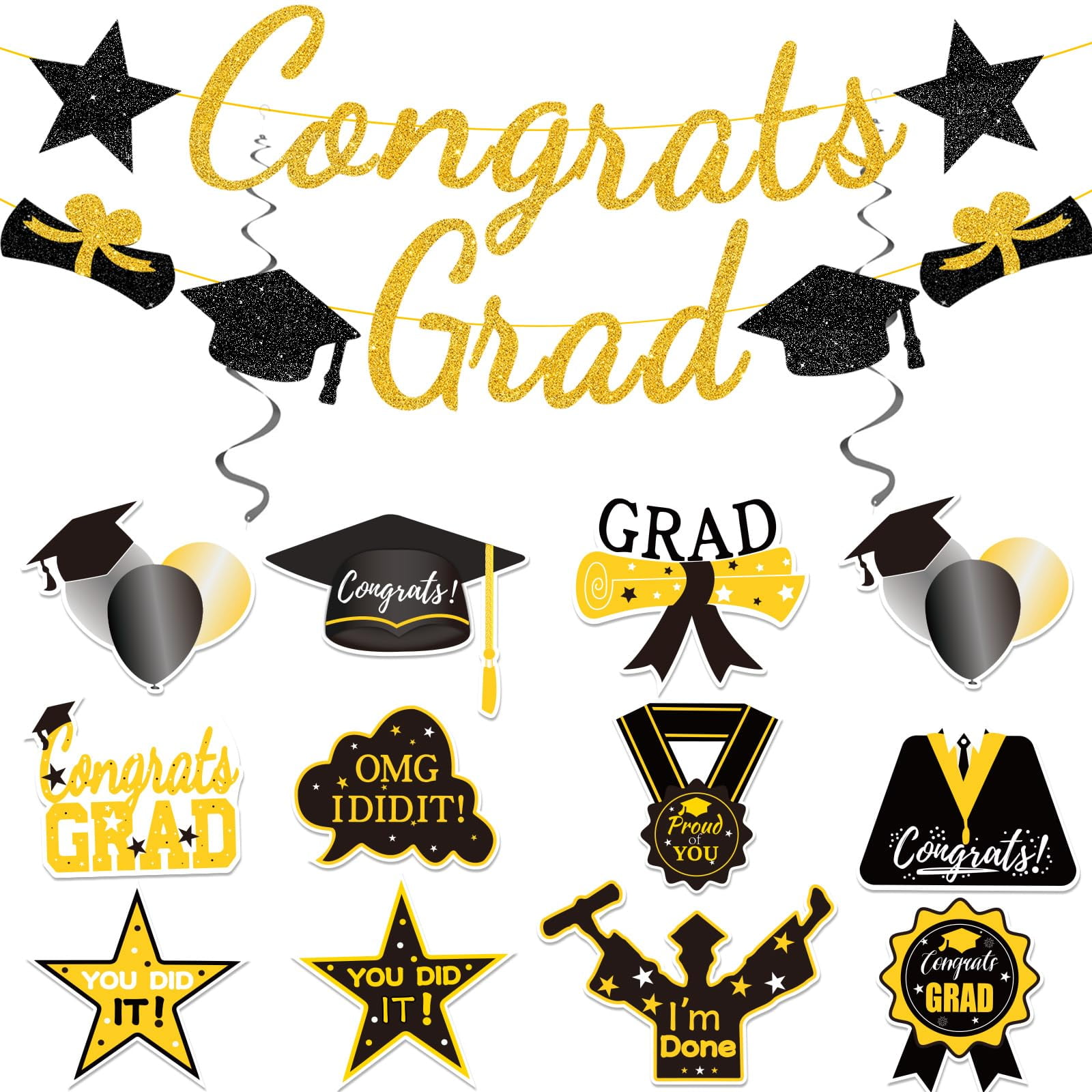 Upgraded, 30pcs Congrats Grad SSF20 Banner, Premium Black Gold Glitter ...