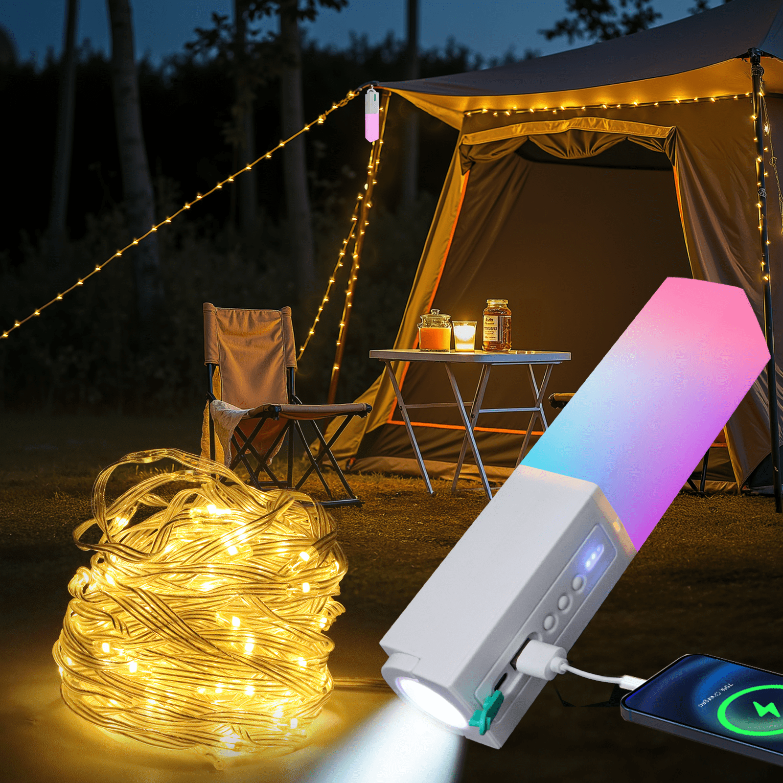 Upgraded 4-in-1 Rechargeable Camping String Lights With Hook, 3600mAh ...