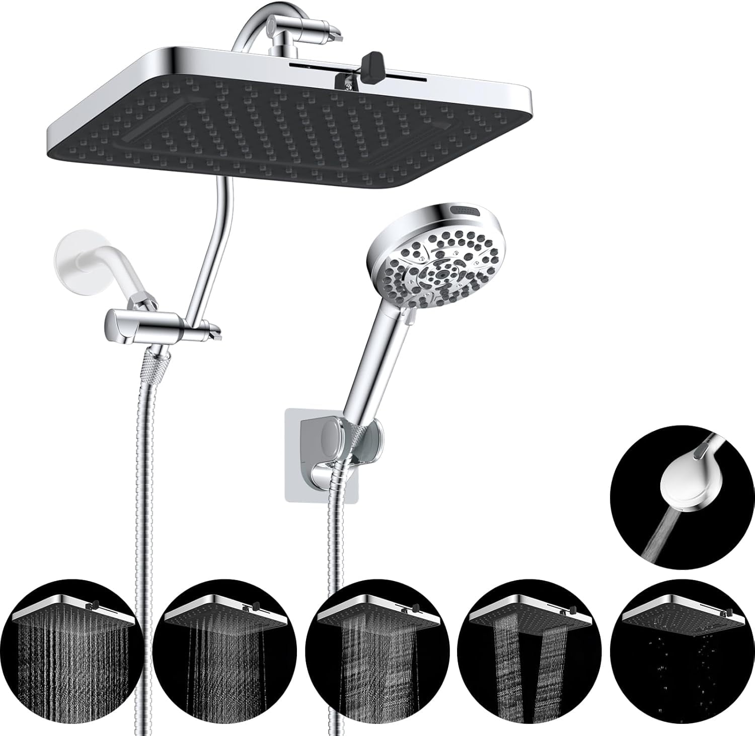 Upgraded 5-spray 13'' Shower Head, High Pressure Rainfall Shower Head ...