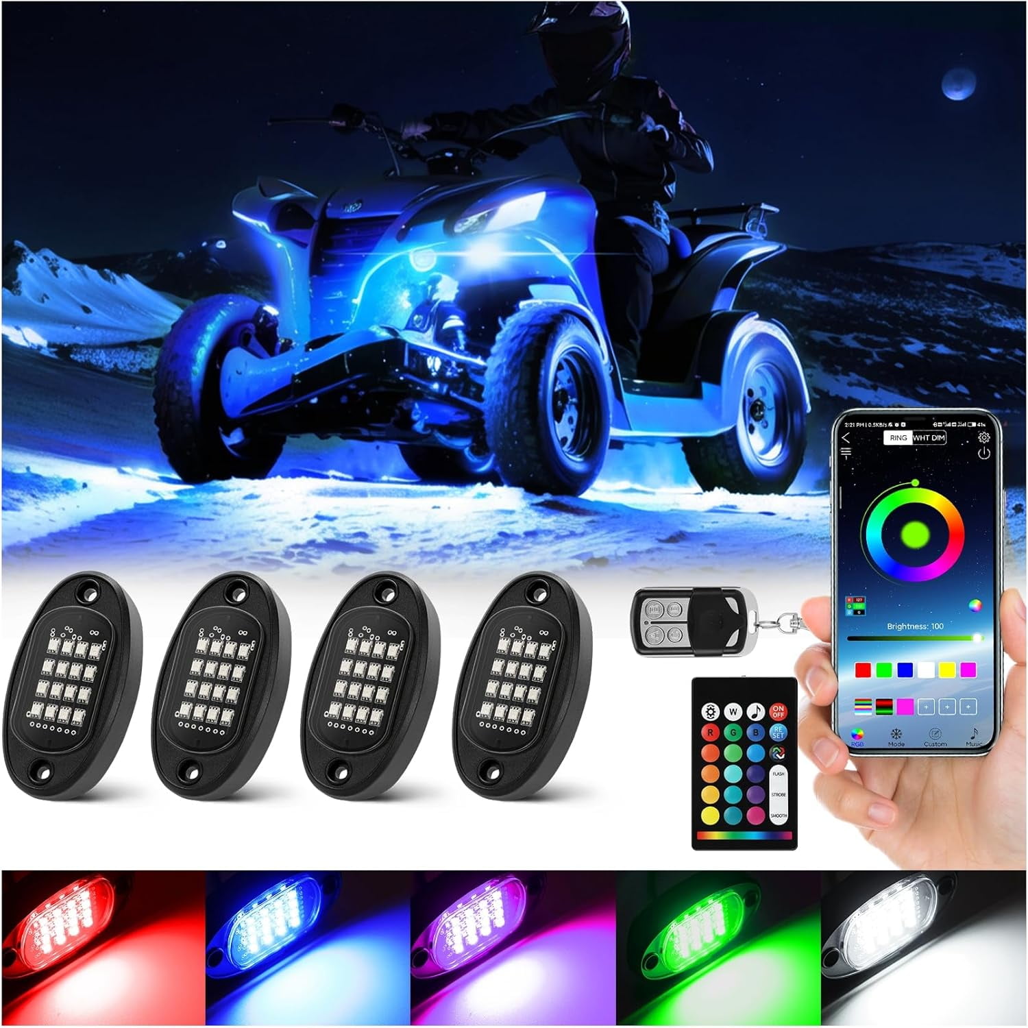 Upgraded 6 Pods Segmented RGB LED Rock Lights for ATV UTV Golf Cart ...