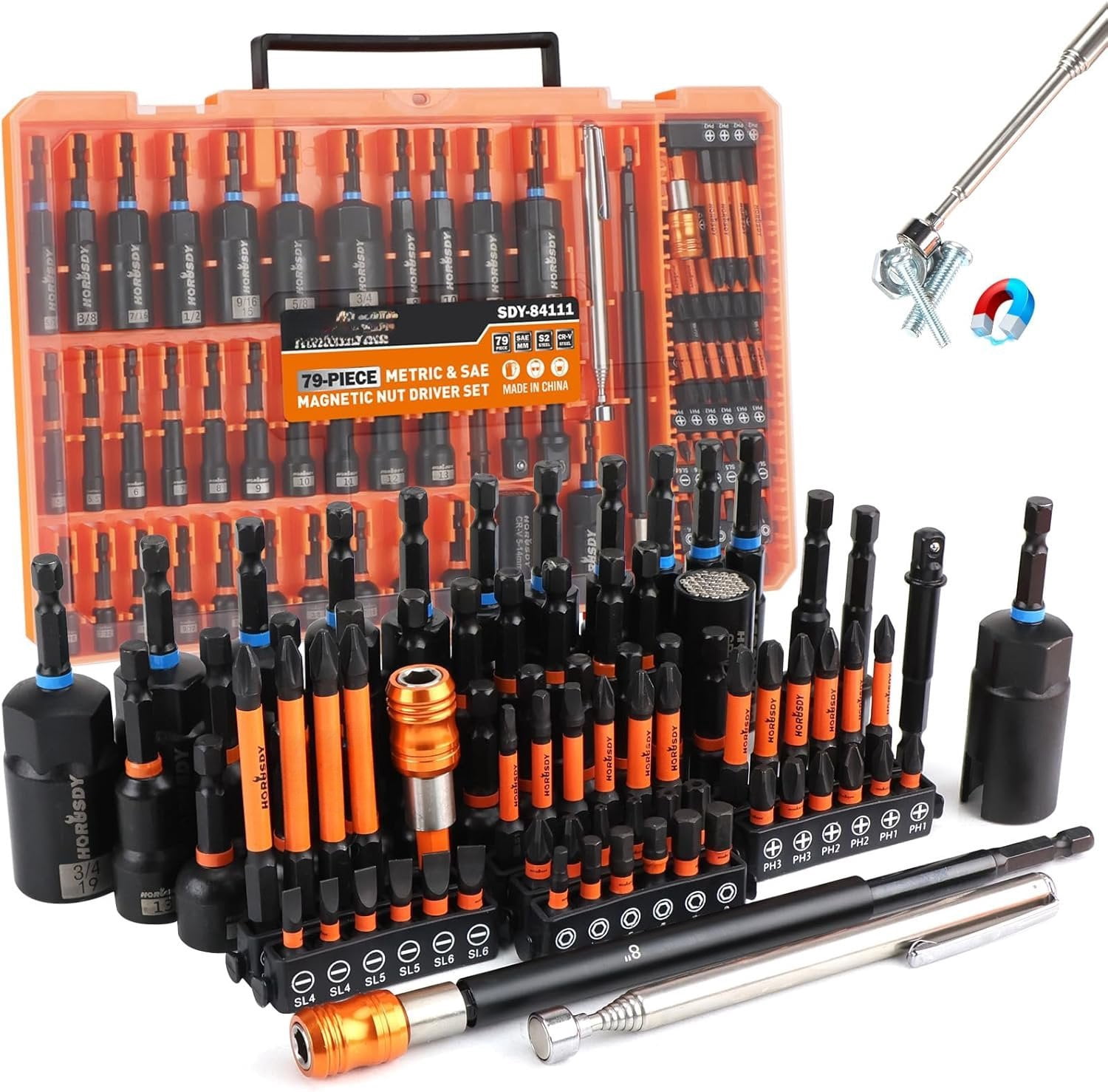 Upgraded 79- Nut Driver Set, Metric & SAE with 3LB Pickup Tool, Socket ...