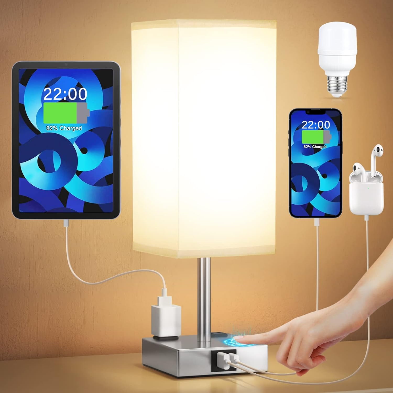 Upgraded】Bedside Table Lamp Touch Control, with USB C+A Charging Ports ...