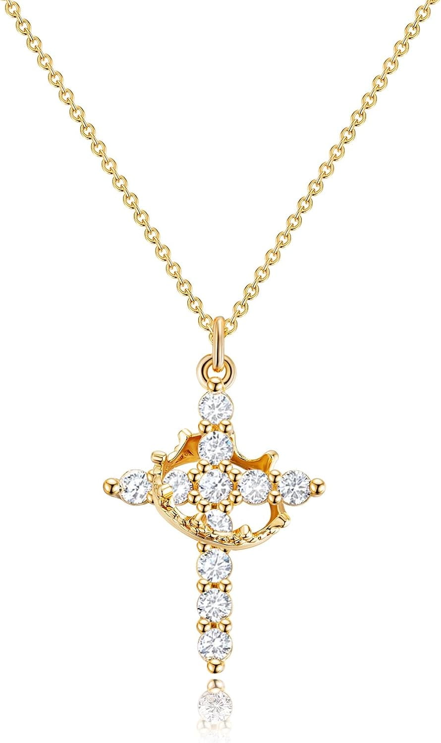 Upgraded Crown Cross Necklace For Women 14K Gold Plated Crown Cross ...