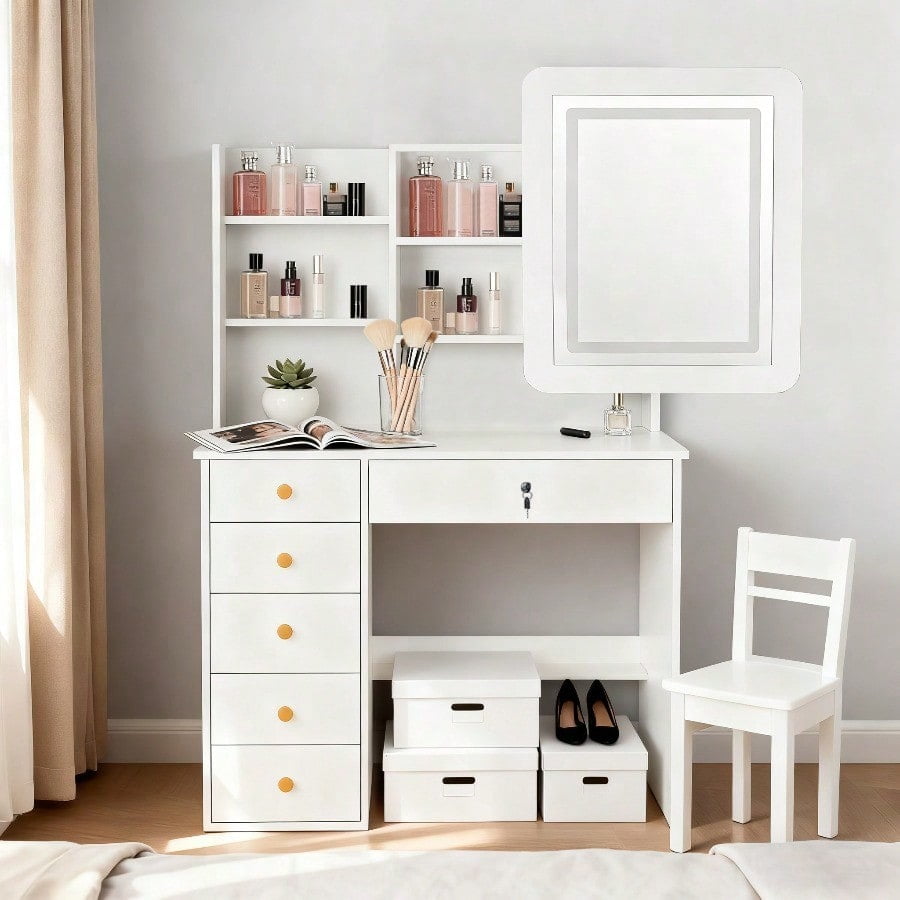 Upgraded Dressing Table with Open Shelving and Mirrored Cabinets, 5 ...