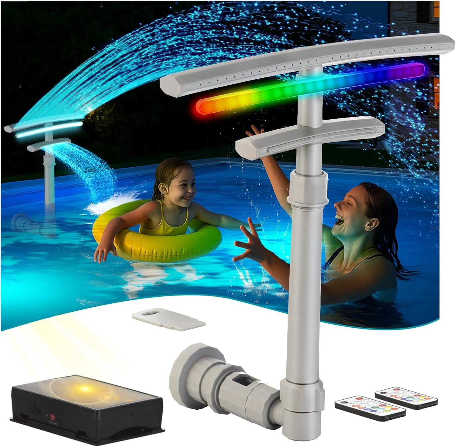 Upgraded Dual Spray Pool Fountain with 9 Color LED Lights, 5 Modes, 360 ...