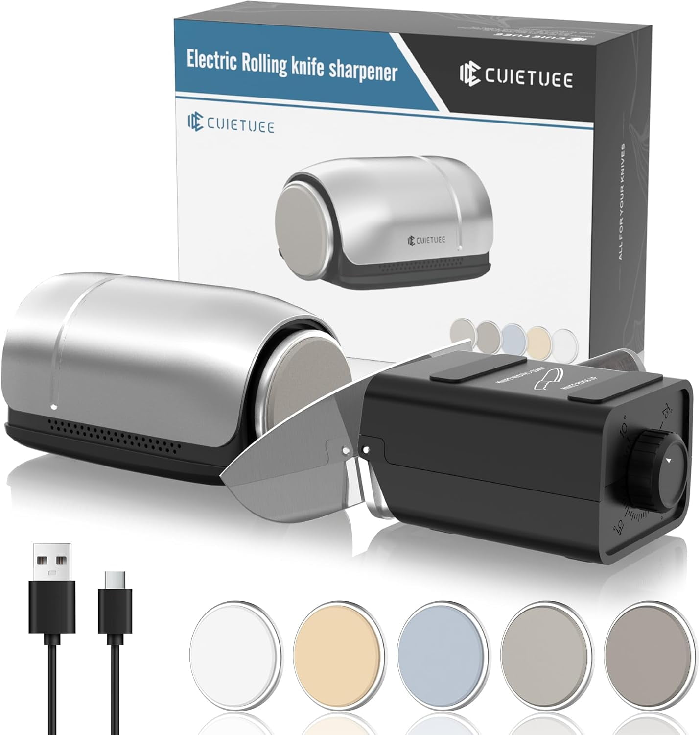 Upgraded Electric Roller Knife Sharpener Kit – 5 Premium Discs, 10°-25 ...