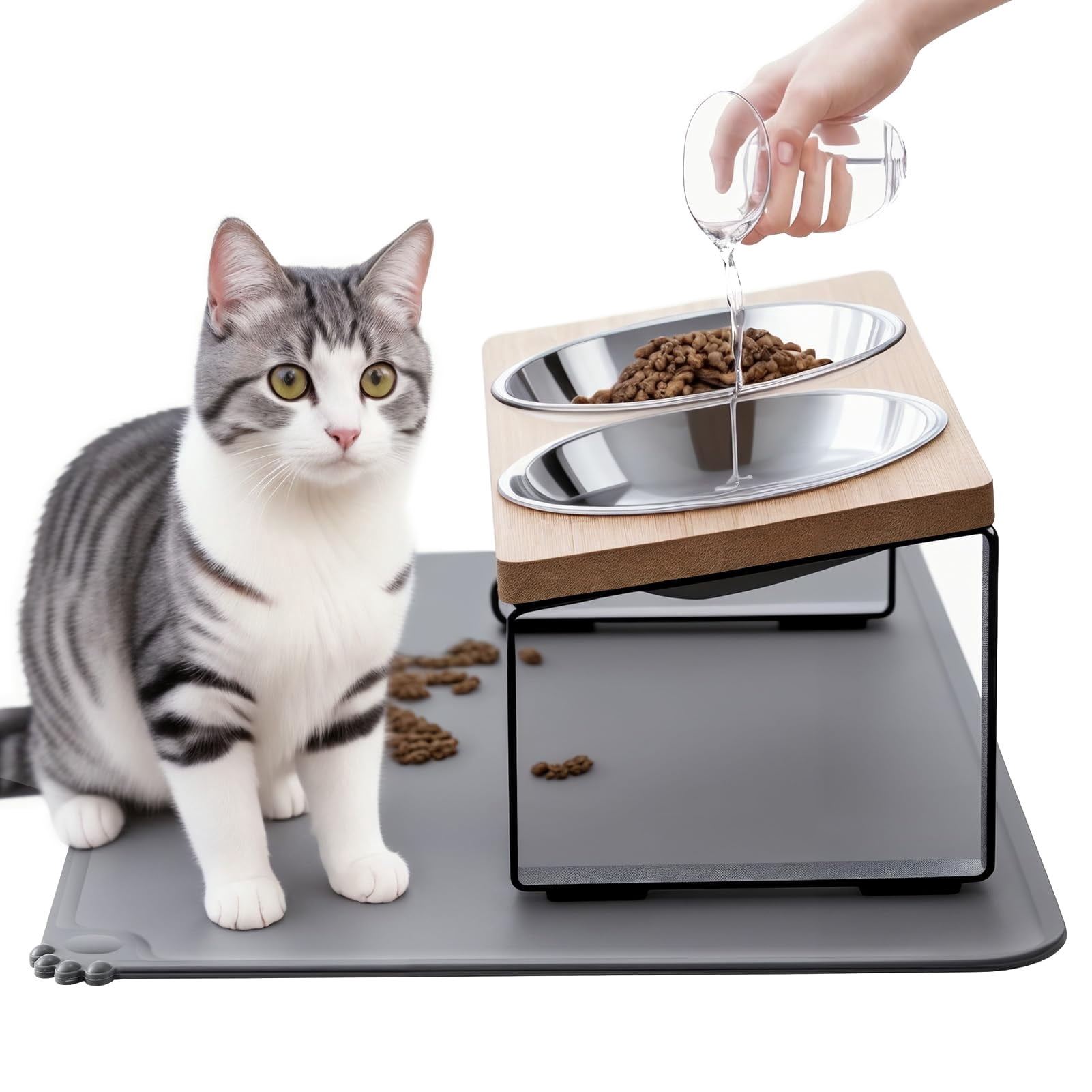 Upgraded Elevated Cat Bowls with Food Mat,15°Tilted Stand Anti Vomiting ...