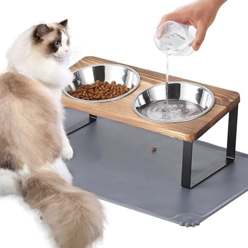 Upgraded Elevated Cat Bowls with Food Mat,15°Tilted Stand Anti Vomiting ...