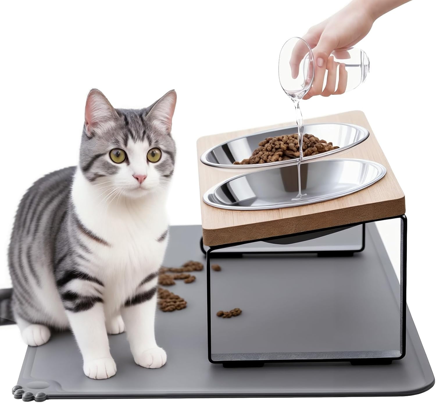 Upgraded Elevated Cat Bowls with Food Mat,15°Tilted Stand Anti Vomiting ...