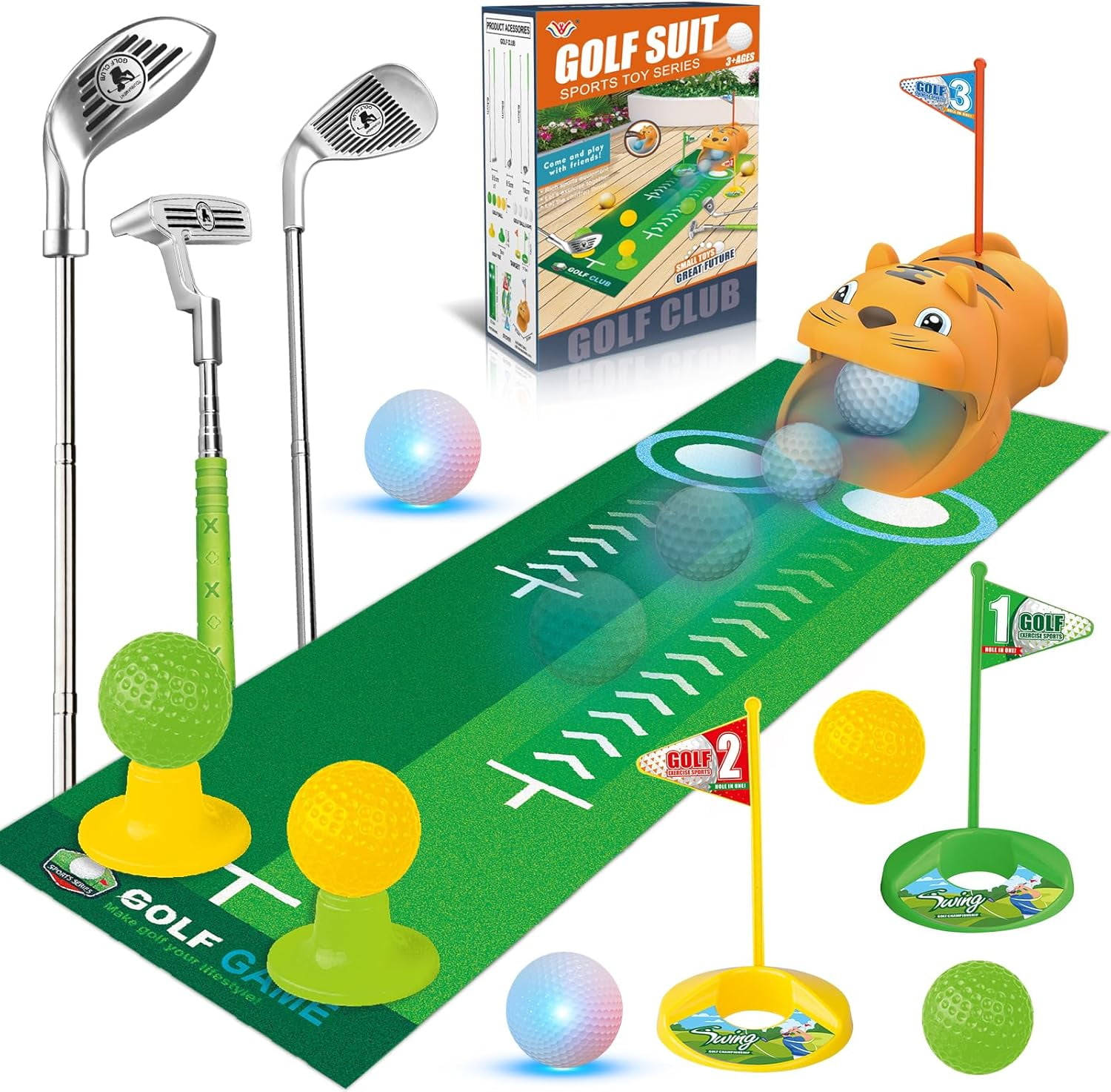 Upgraded Kids Toy Golf Set with Tiger Automatic Returner, Led Light Up ...