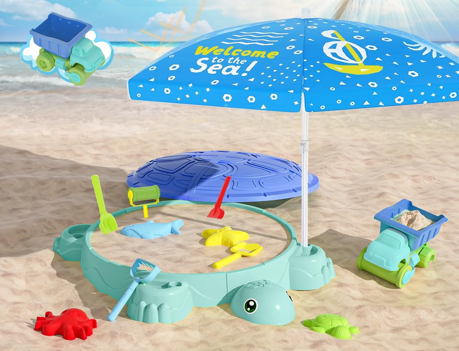 Upgraded Kids Turtle Sandbox with Lid & Adjustable Umbrella, Truck Toy ...