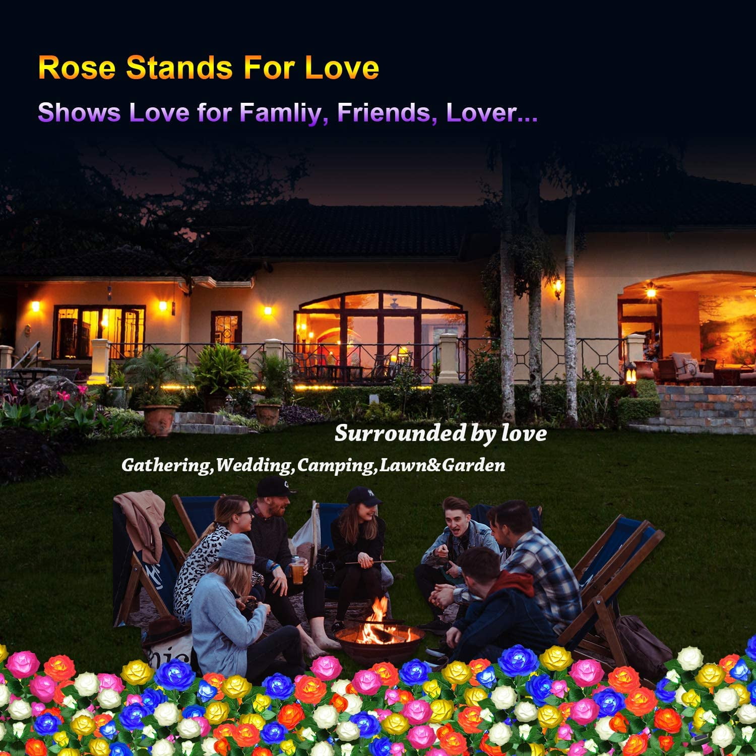 Upgraded LED Solar Lights Outdoor Waterproof with 5 Roses, Soft Light ...